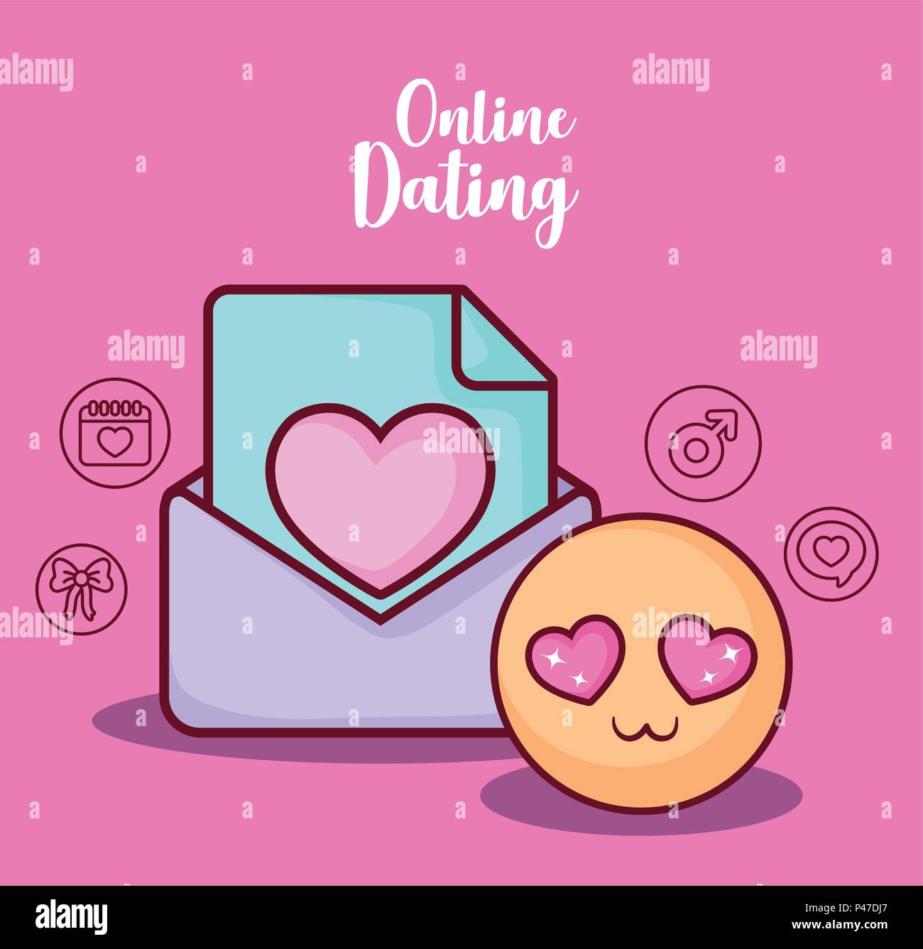 emoji and envelope with online dating related icons over pink ...