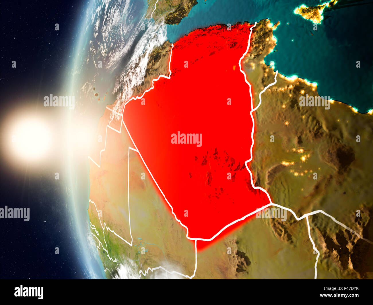 Satellite view of Algeria highlighted in red on planet Earth with ...