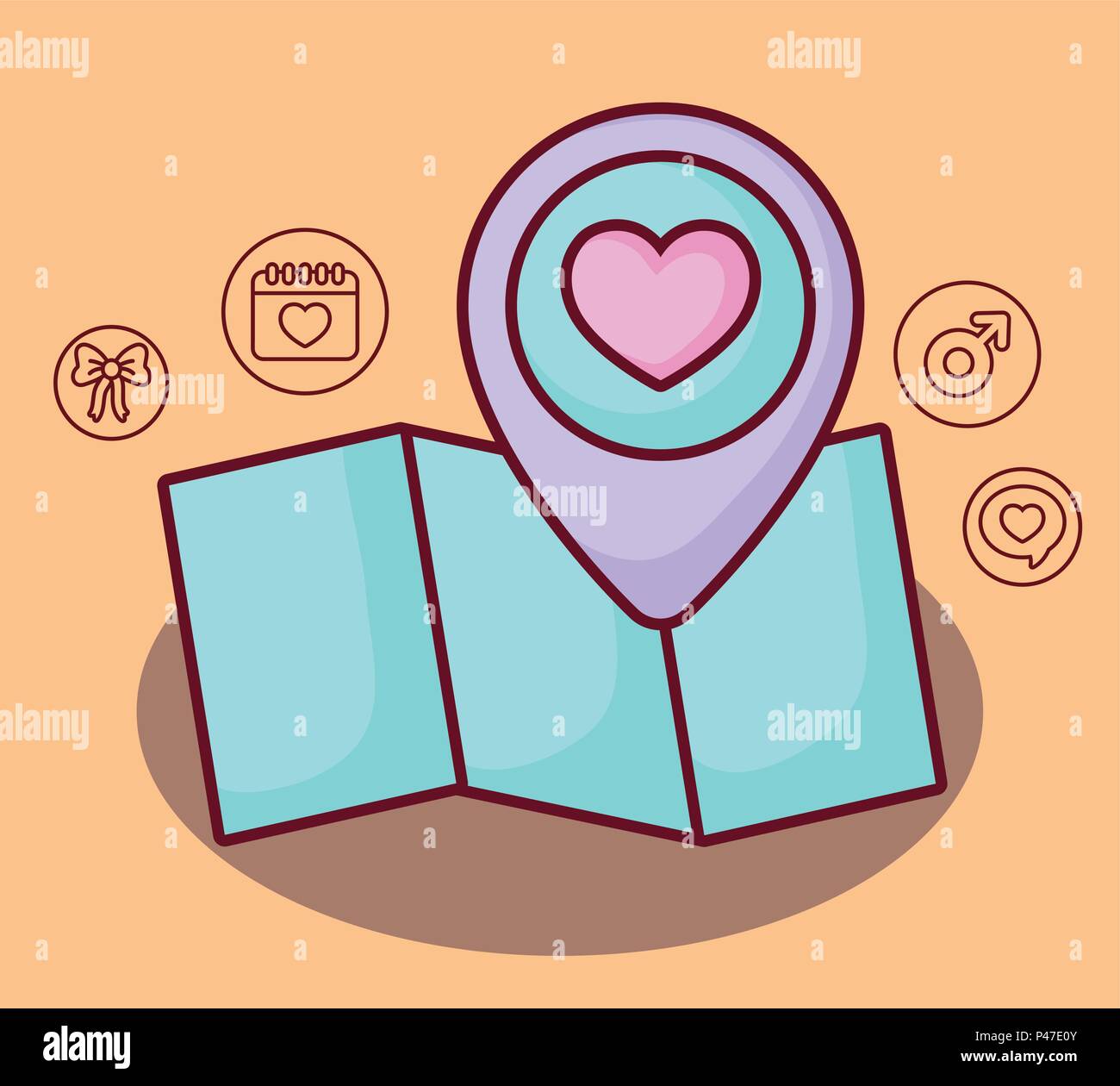 map with online dating related icons over orange background, colorful ...