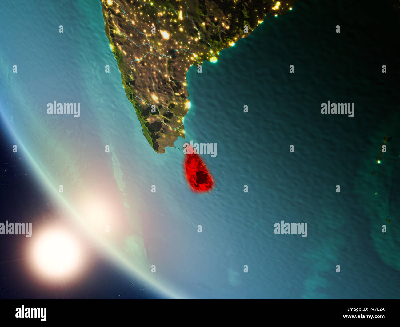 Satellite view of Sri Lanka highlighted in red on planet Earth with ...