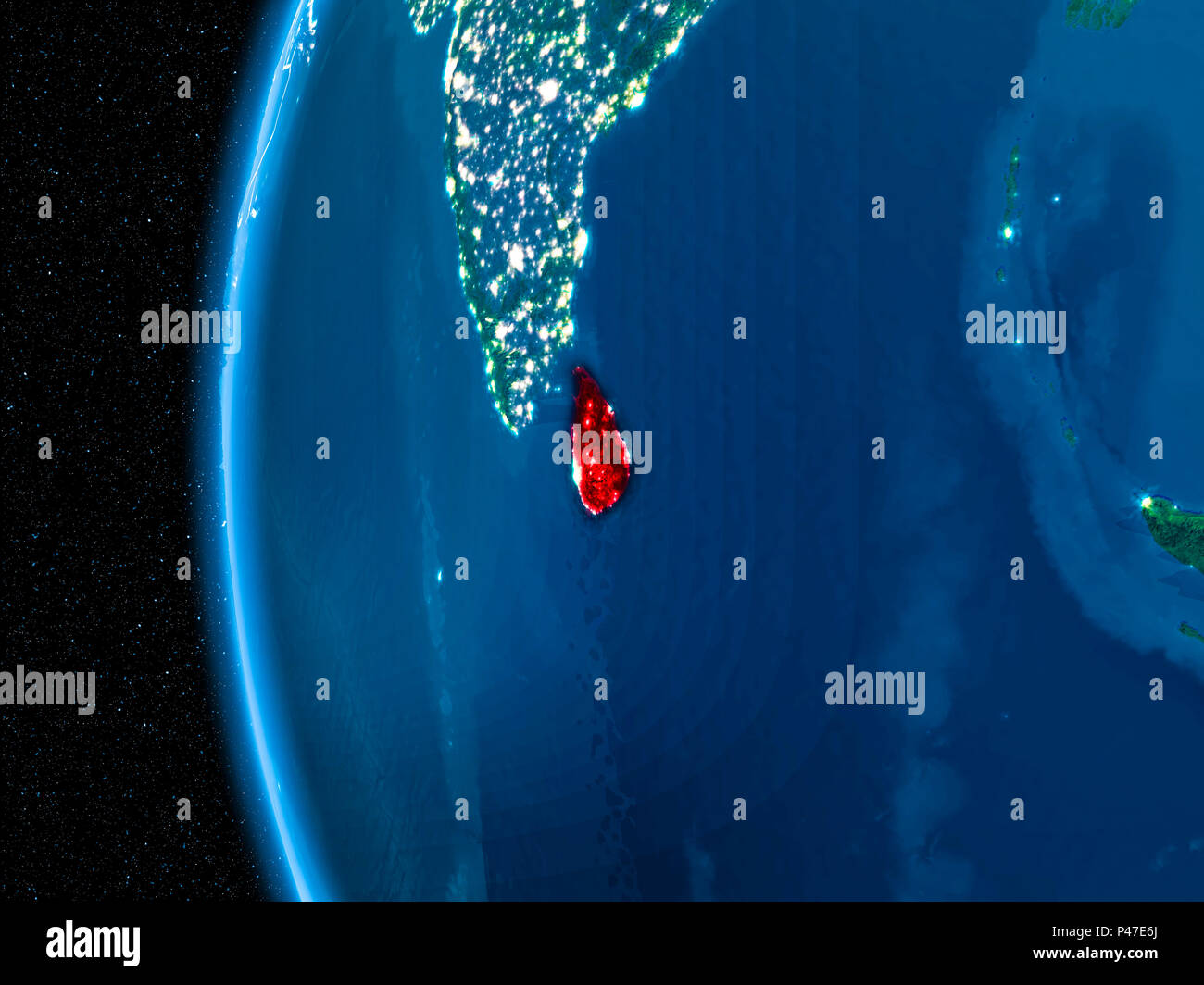 Space orbit view of Sri Lanka highlighted in red on planet Earth at night with visible country ...