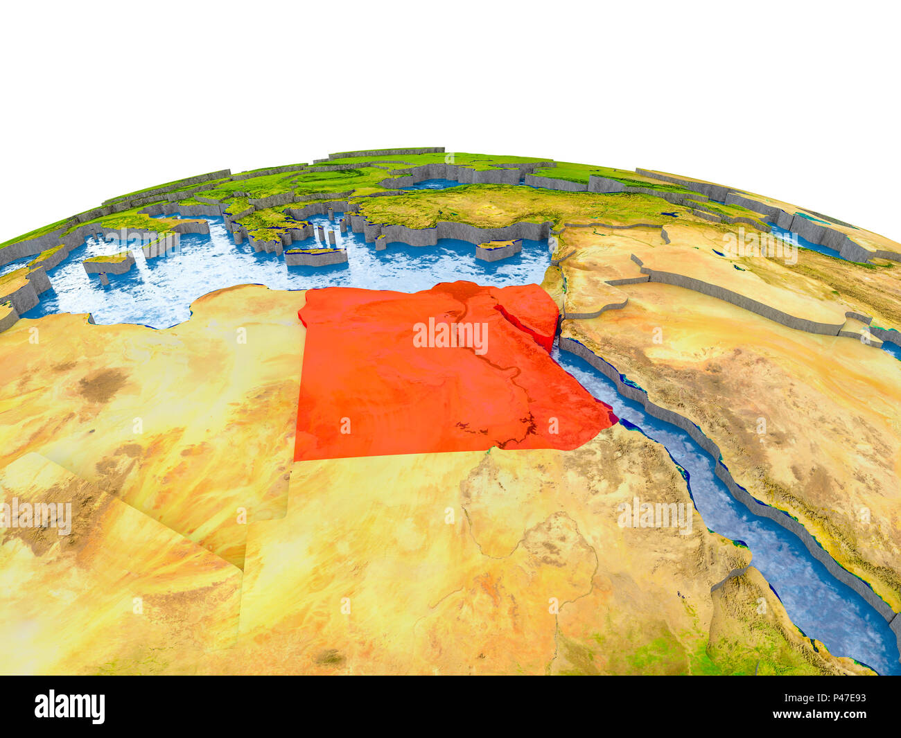 Egypt highlighted in red on globe with realistic land surface, visible ...