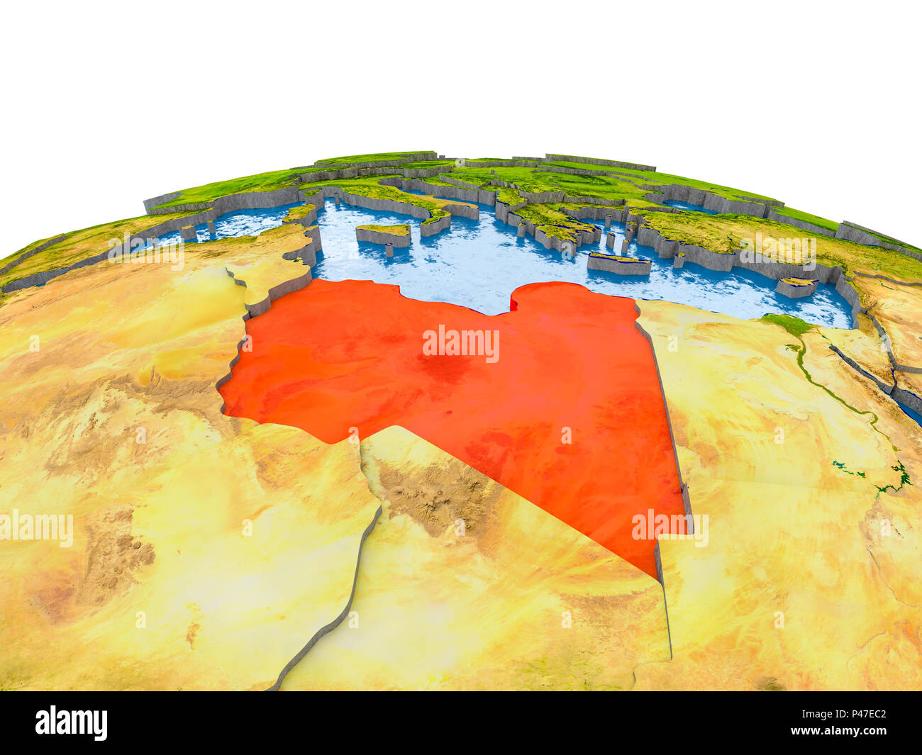Libya highlighted in red on globe with realistic land surface, visible ...