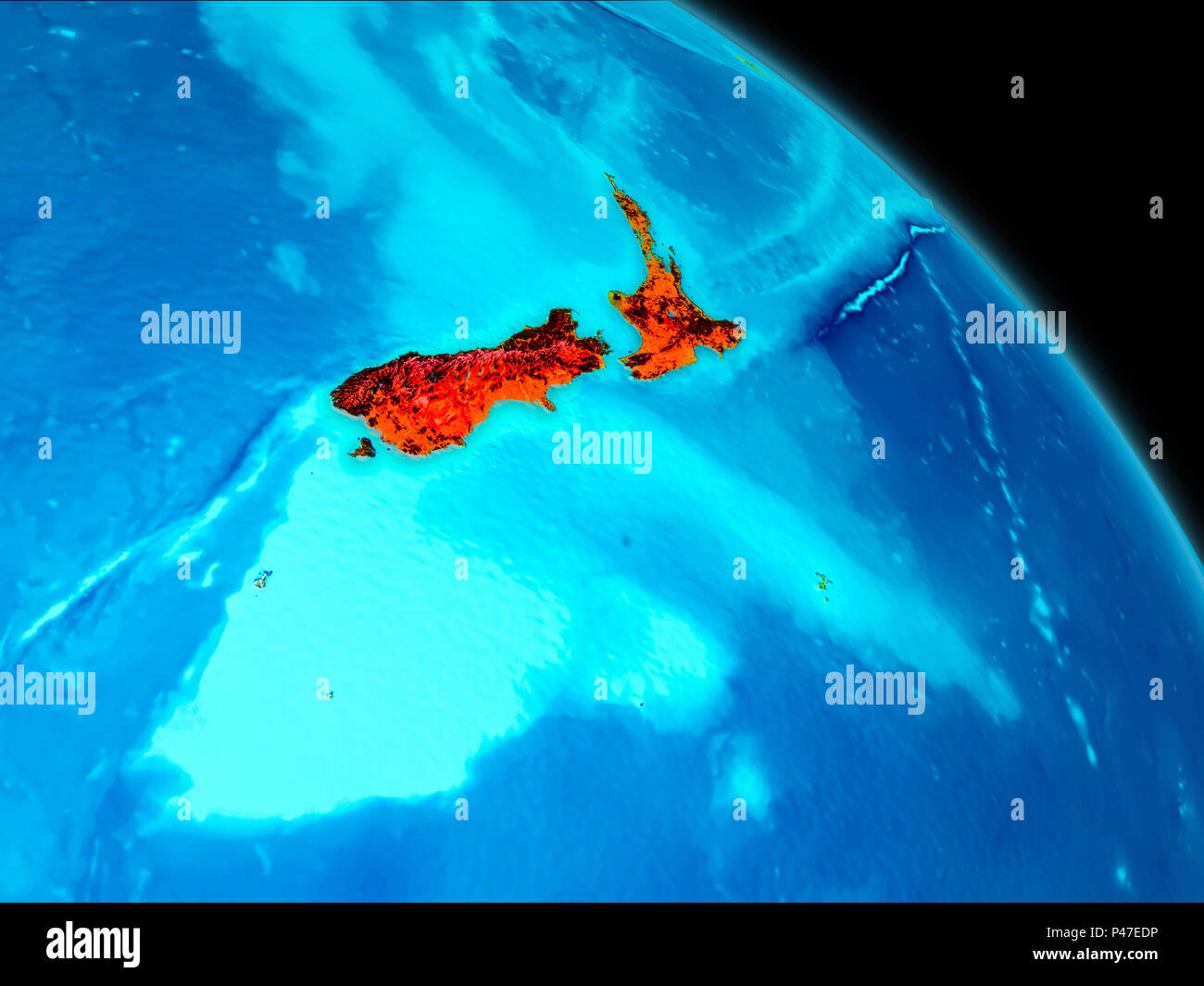 Space orbit view of New Zealand highlighted in red on planet Earth with ...