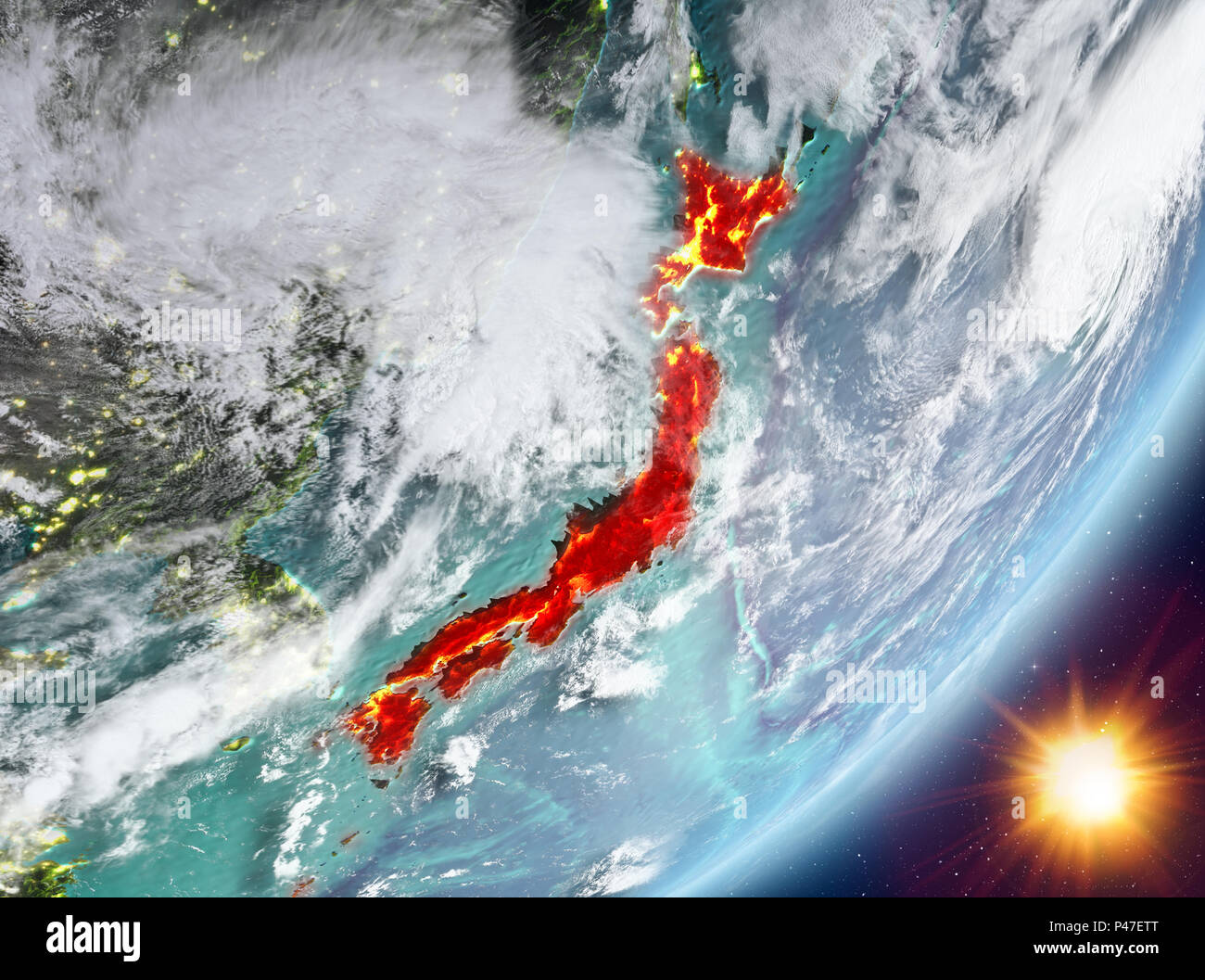 Japan from orbit of planet Earth in sunrise with highly detailed ...