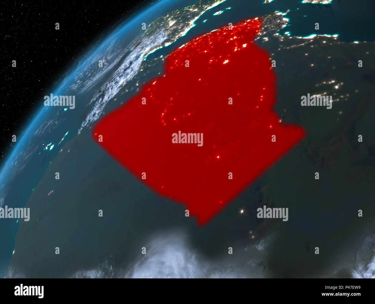 Illustration of Algeria as seen from Earth’s orbit at night. 3D ...