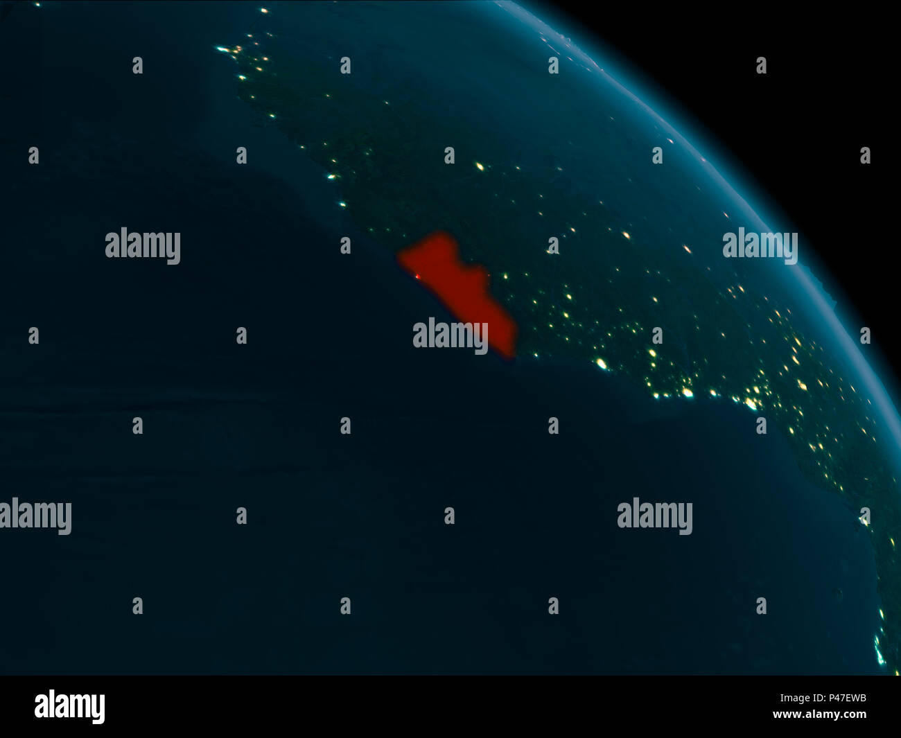 Orbit view of Liberia at night highlighted in red on planet Earth with ...