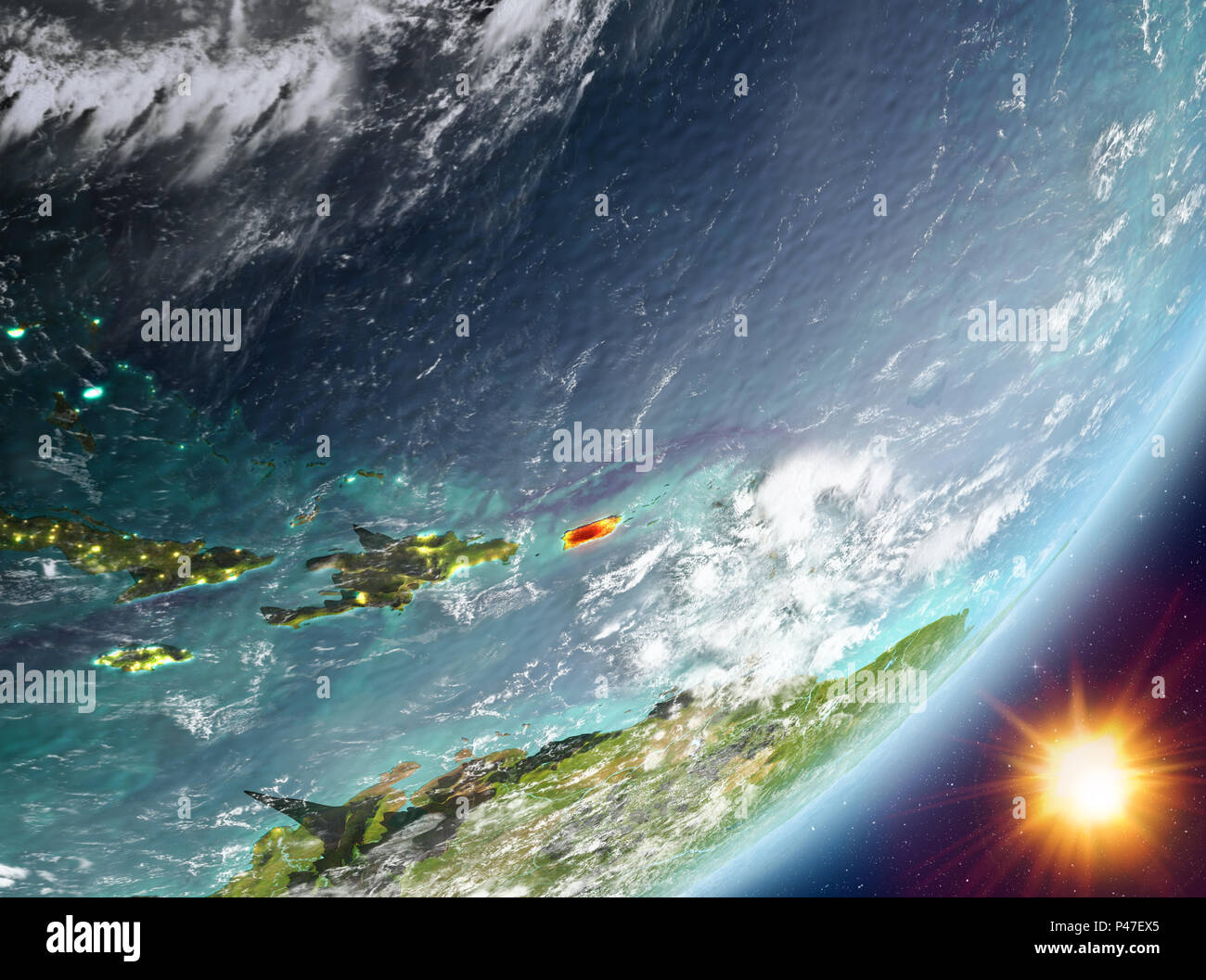 Puerto Rico from orbit of planet Earth in sunrise with highly detailed ...