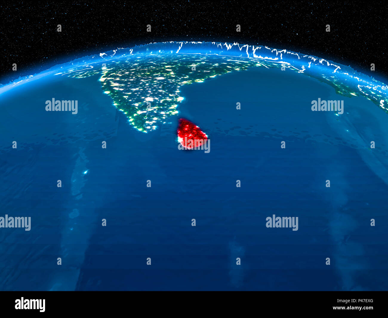 Orbit view of Sri Lanka highlighted in red with visible borderlines and city lights on planet ...