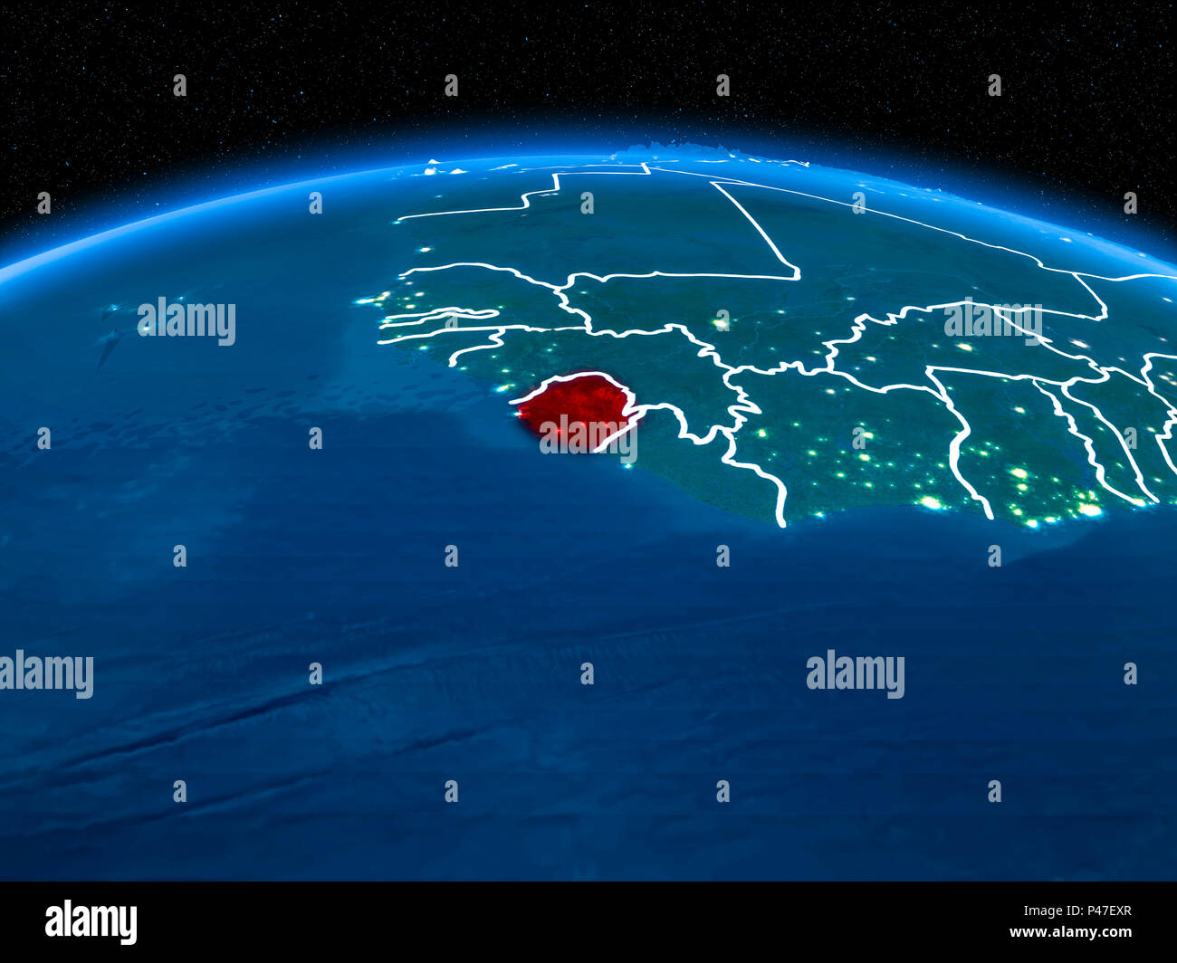 Orbit view of Sierra Leone highlighted in red with visible borderlines and city lights on planet ...