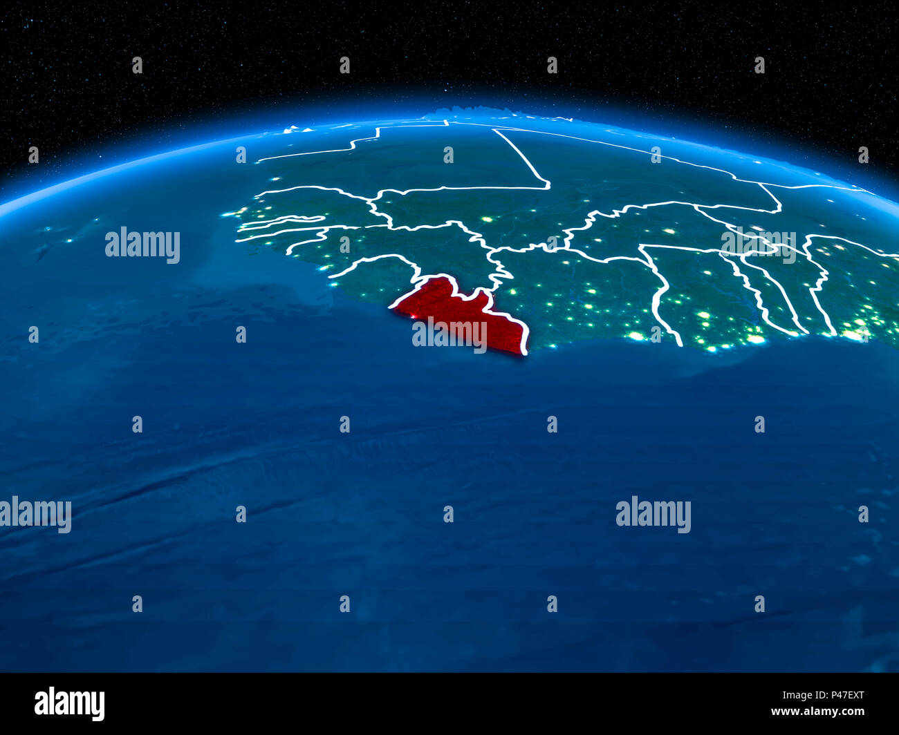 Orbit view of Liberia highlighted in red with visible borderlines and city lights on planet ...