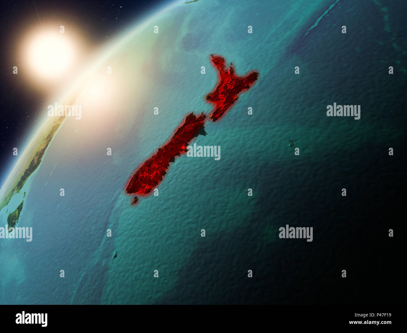 New Zealand during sunset highlighted in red on planet Earth with ...