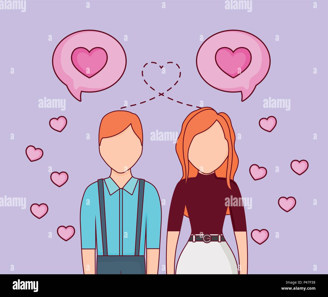 online dating design with avatar couple and hearts around over purple ...