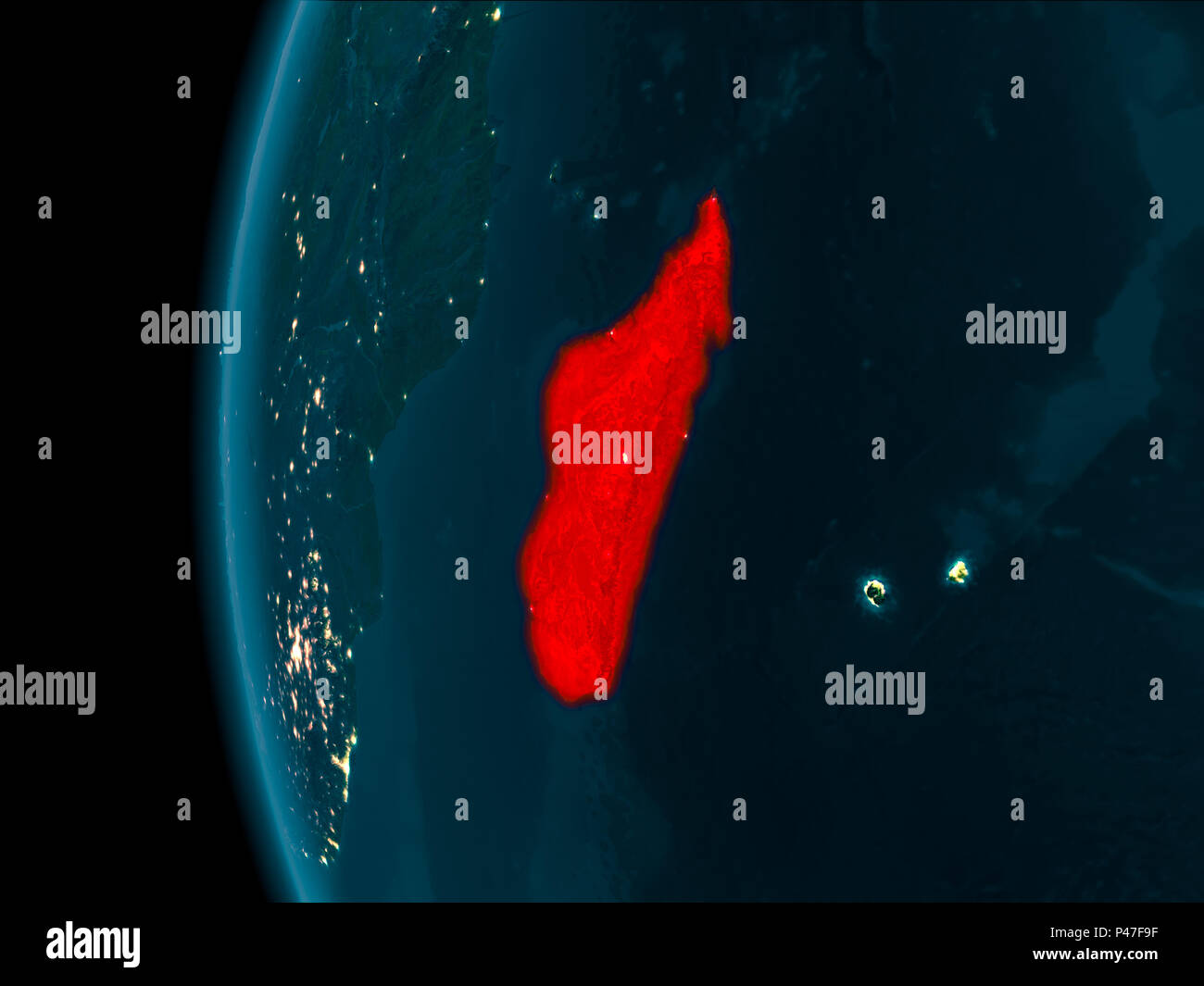 Madagascar from orbit of planet Earth at night with highly detailed ...