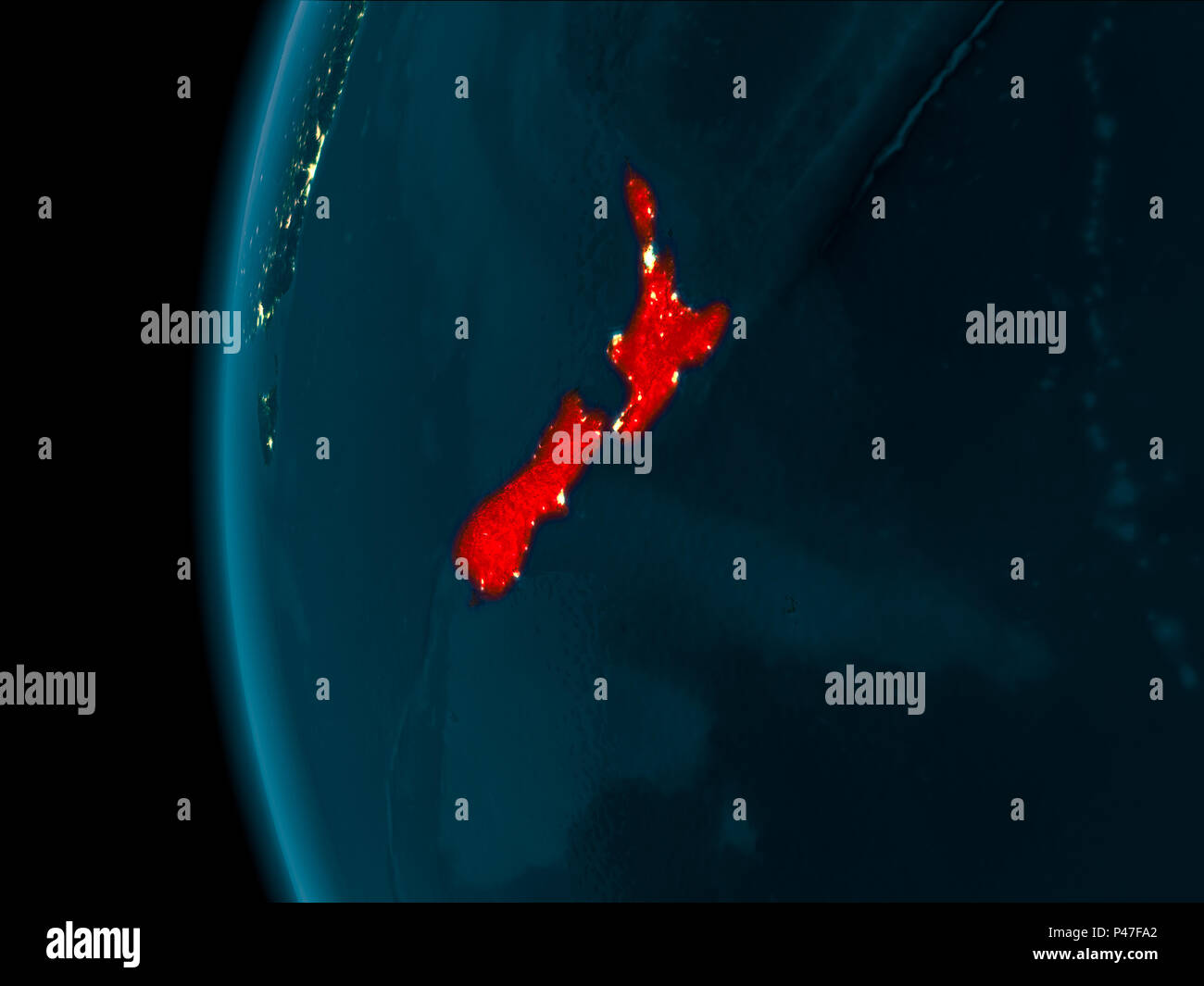New Zealand from orbit of planet Earth at night with highly detailed ...