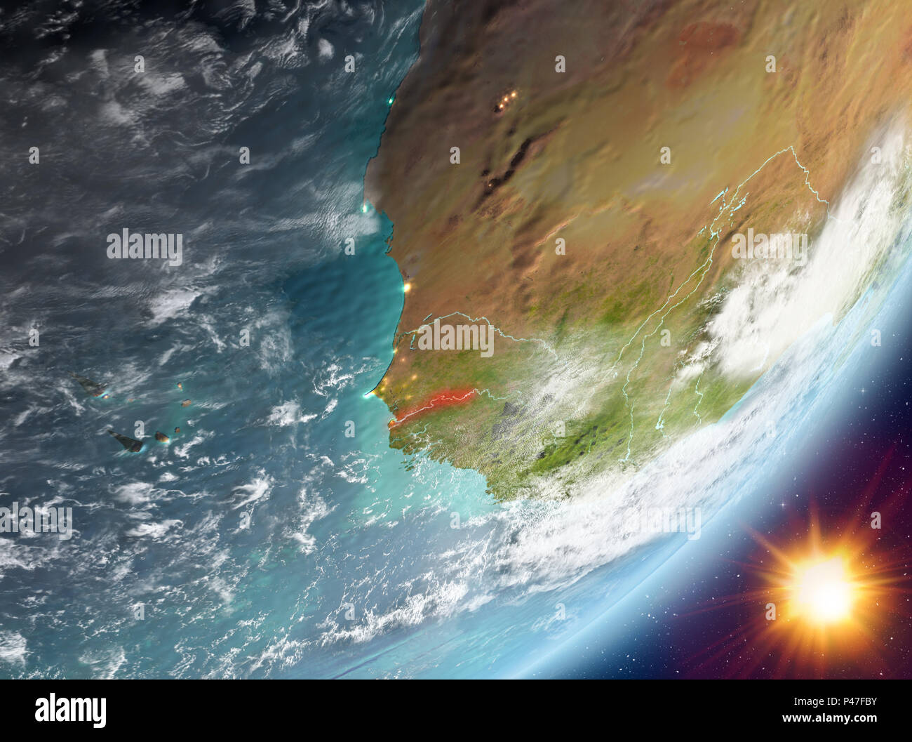 Gambia from orbit of planet Earth in sunrise with highly detailed ...