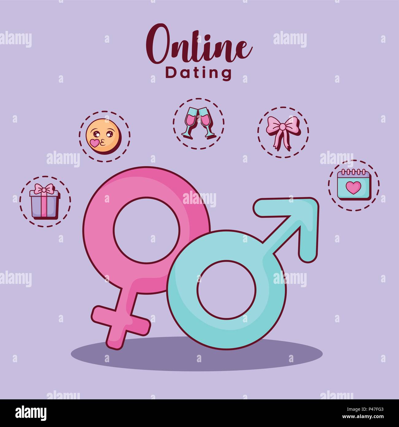 gender symbols with online dating related icons over purple background ...