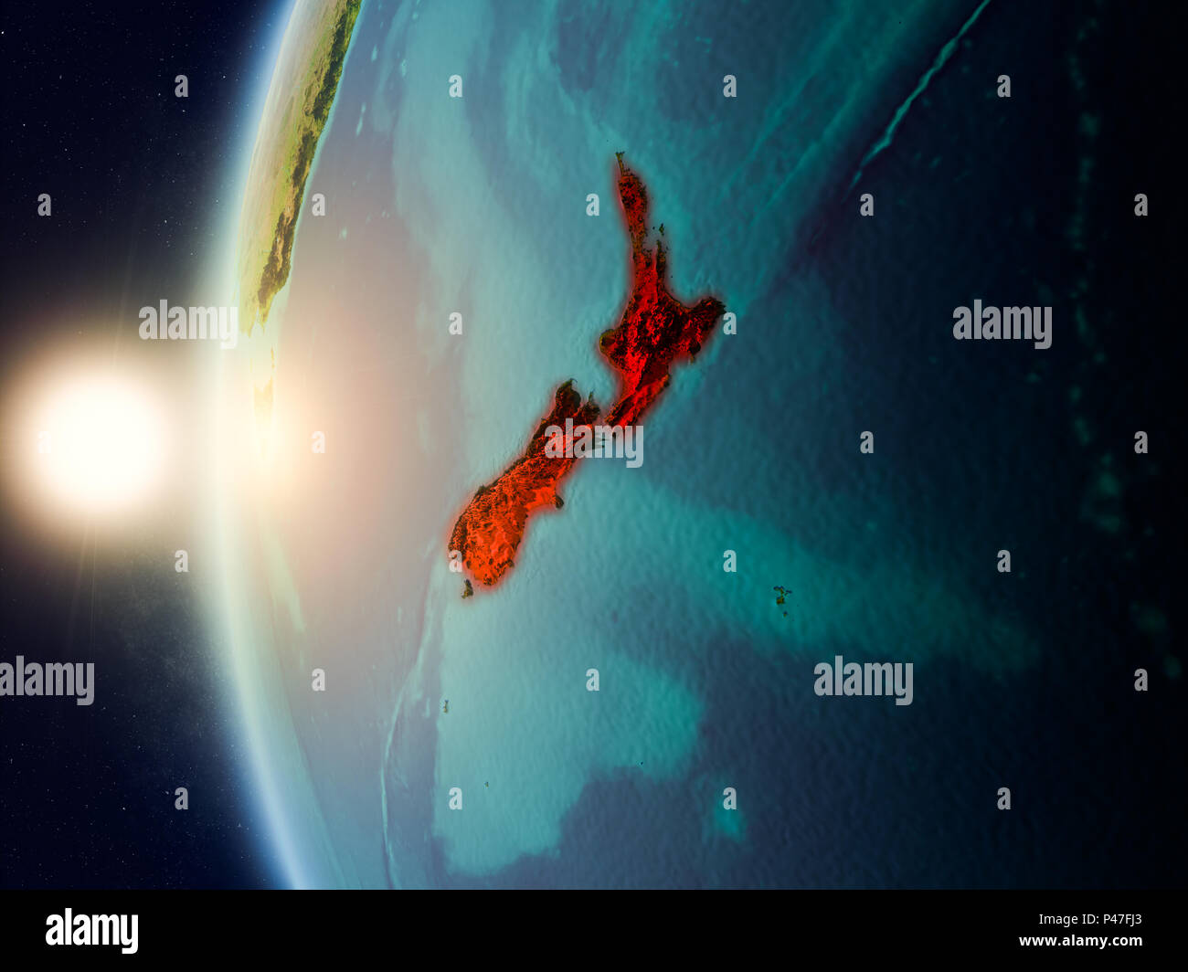 Illustration of New Zealand as seen from Earth’s orbit during sunset ...