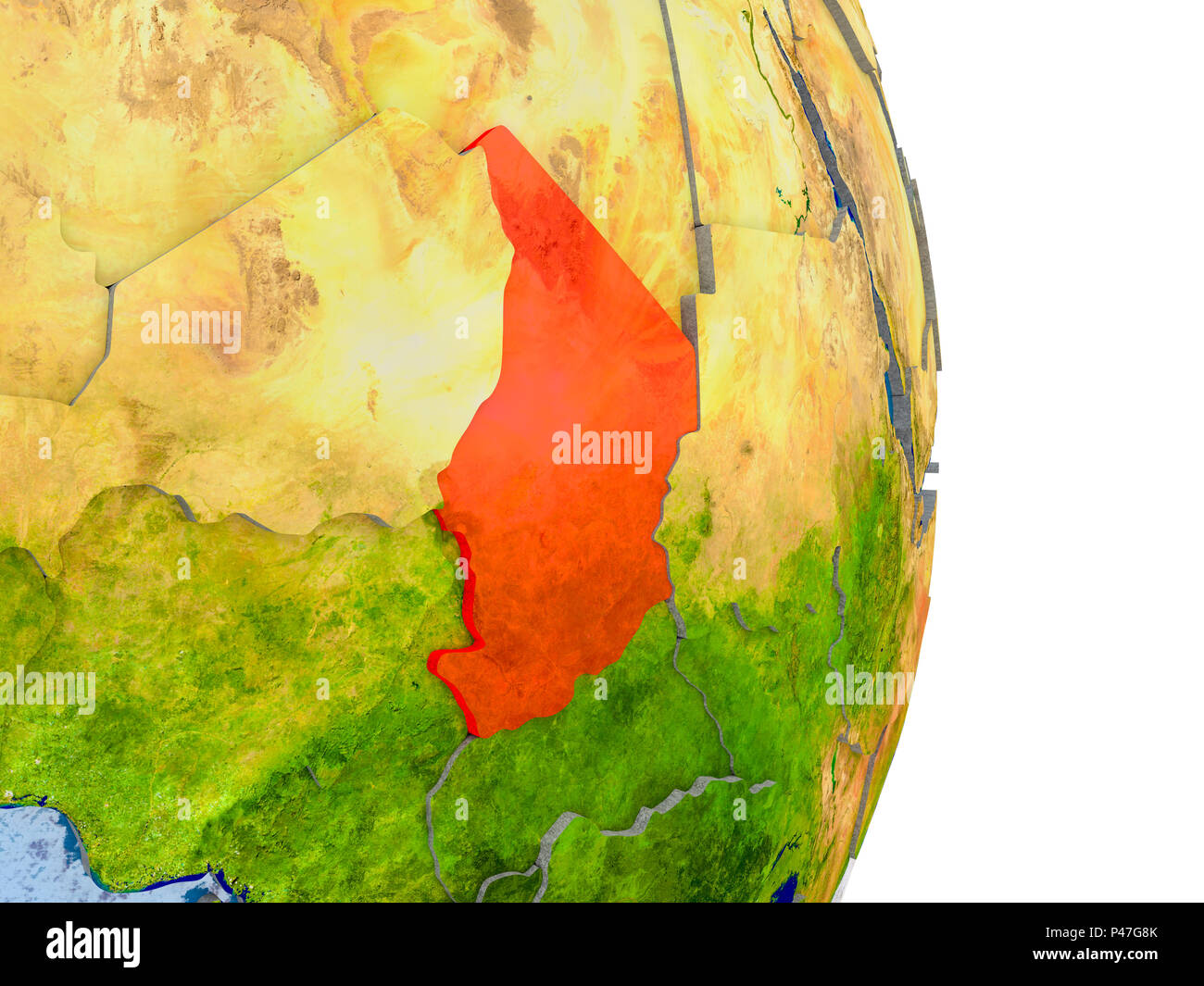 Chad in red on model of globe with embossed countries and realistic ...