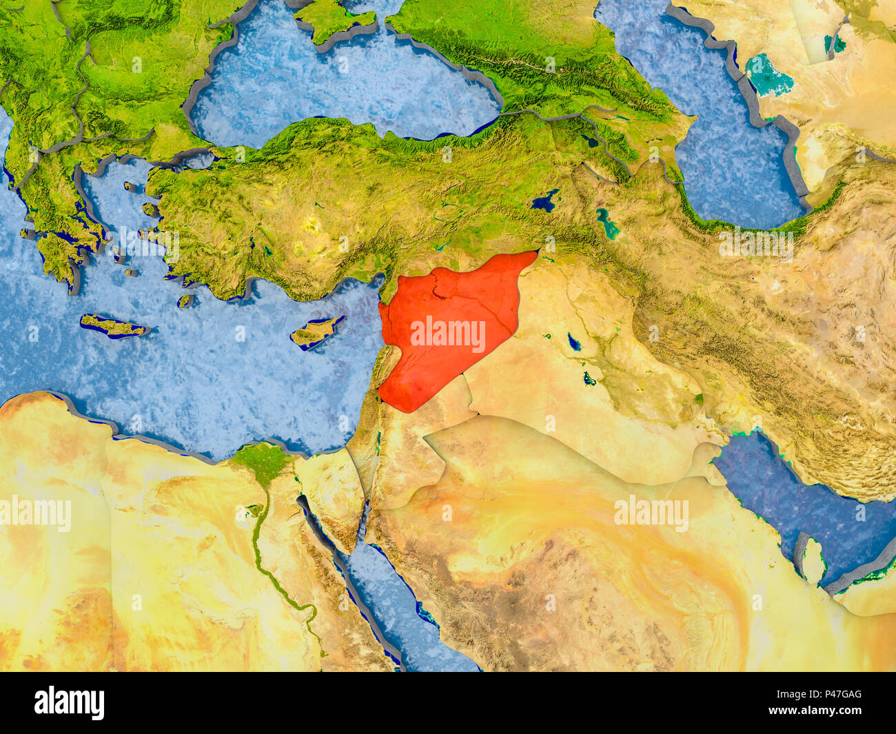 Syria in red on realistic map with embossed countries. 3D illustration ...