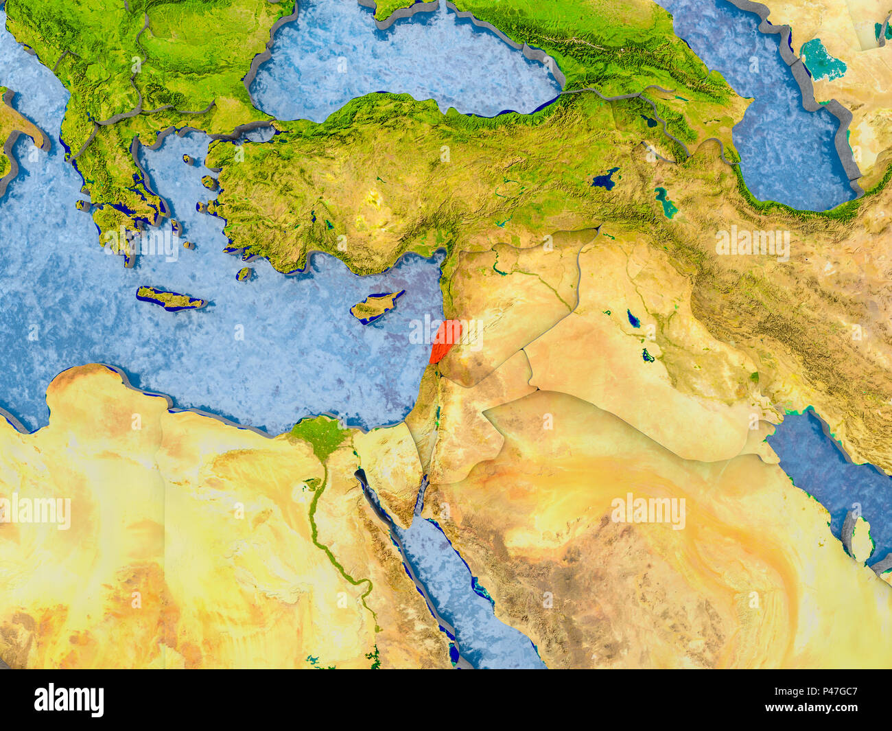 Lebanon in red on realistic map with embossed countries. 3D ...