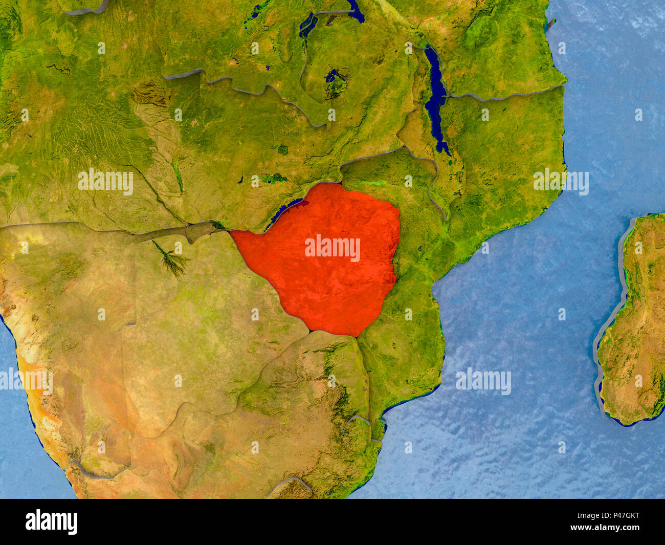 Zimbabwe in red on realistic map with embossed countries. 3D ...