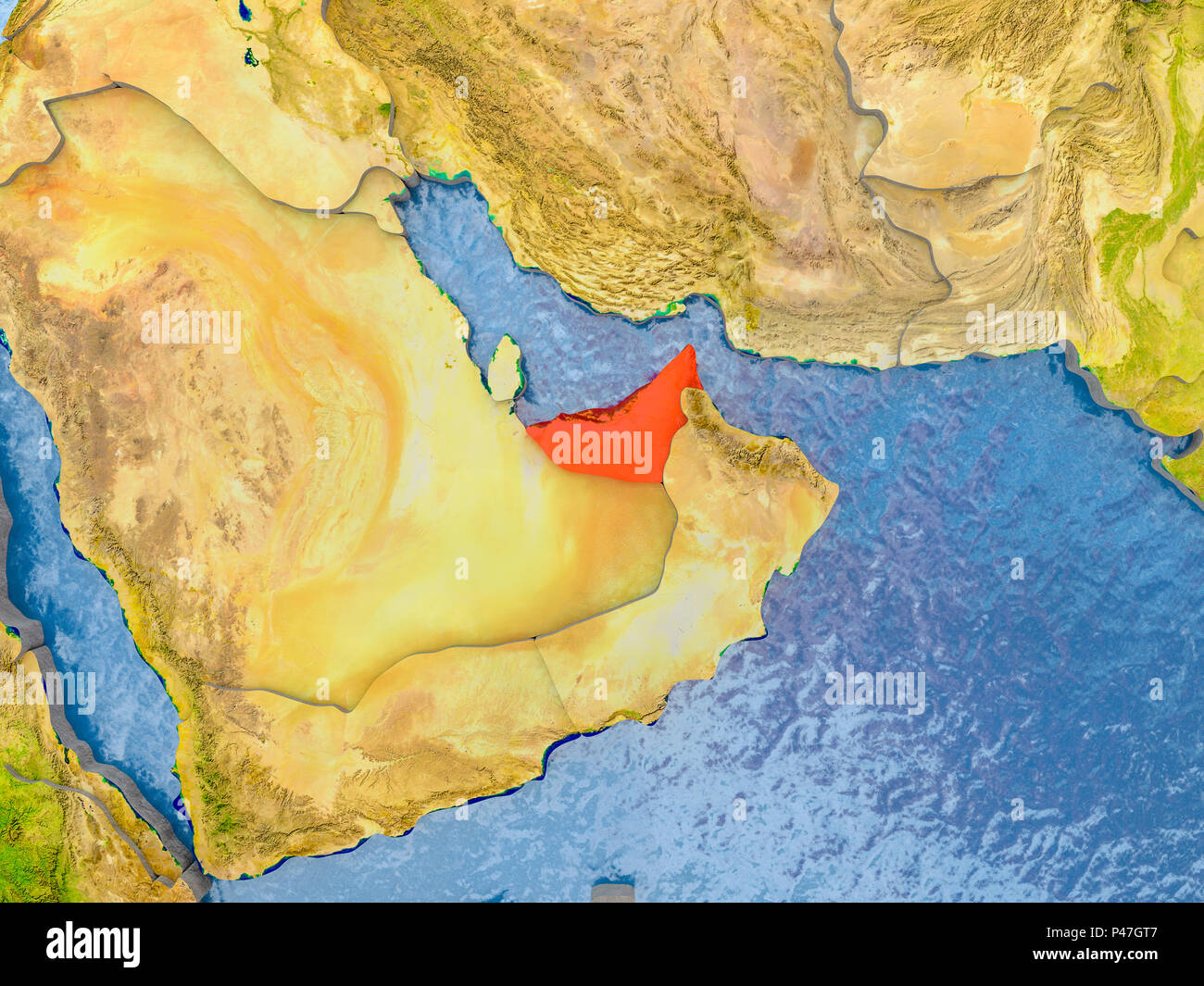 United Arab Emirates in red on realistic map with embossed countries ...