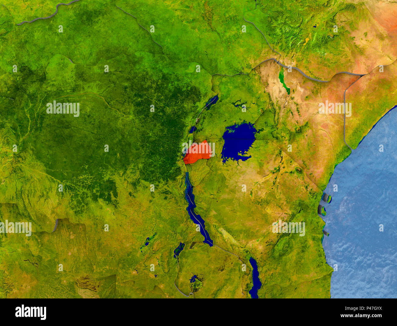 Rwanda in red on realistic map with embossed countries. 3D illustration ...