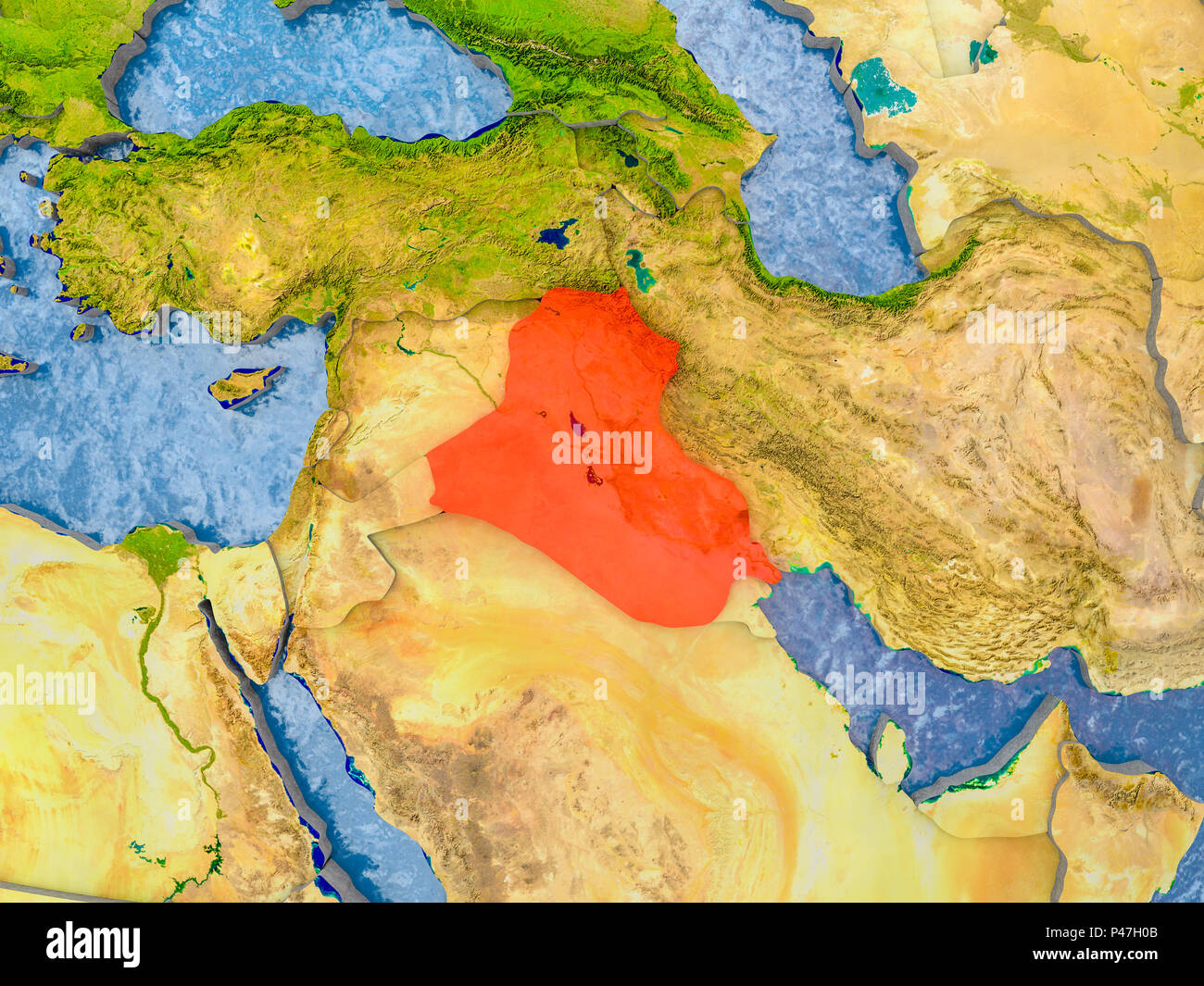 Iraq in red on realistic map with embossed countries. 3D illustration ...