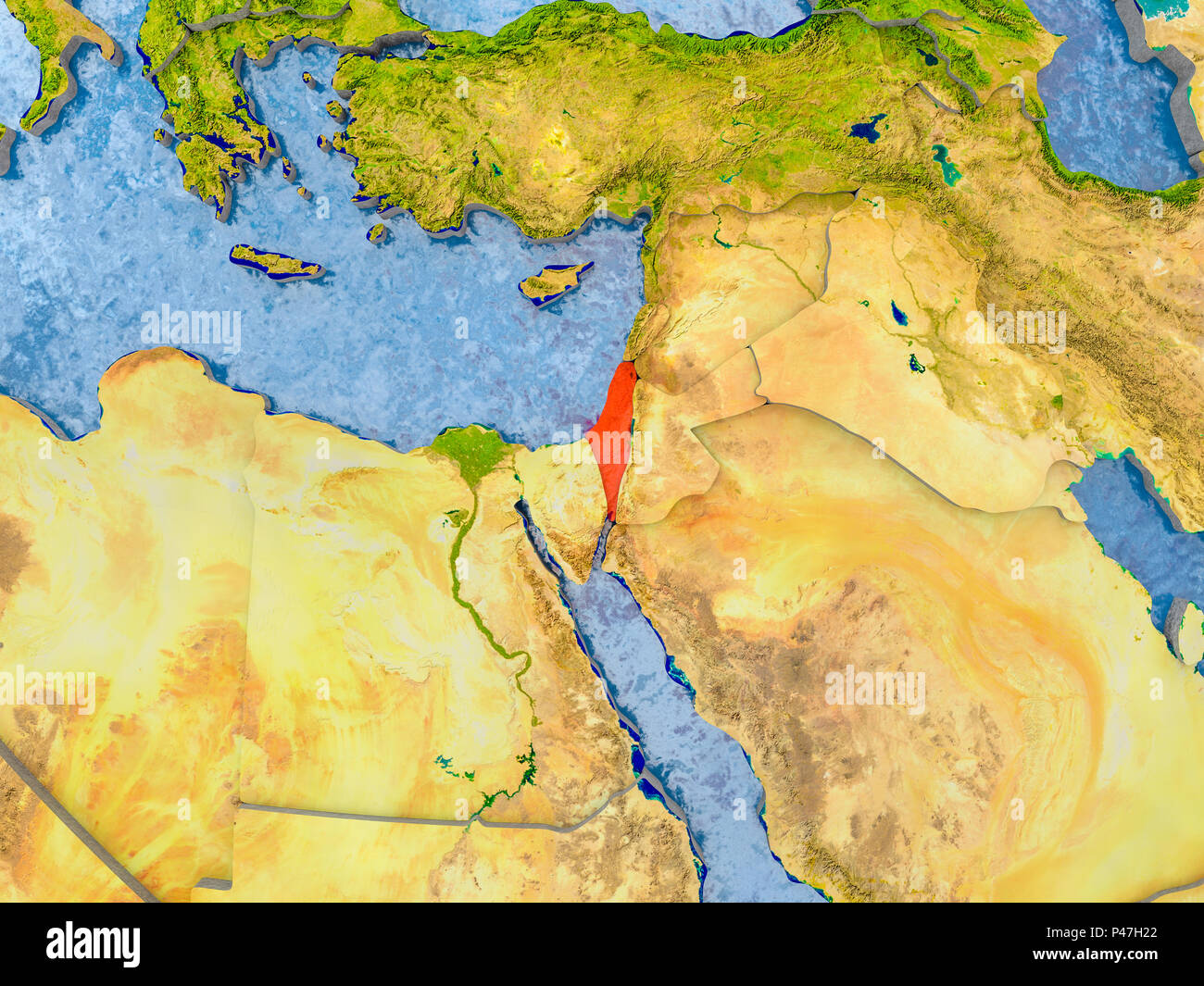 Israel in red on realistic map with embossed countries. 3D illustration ...