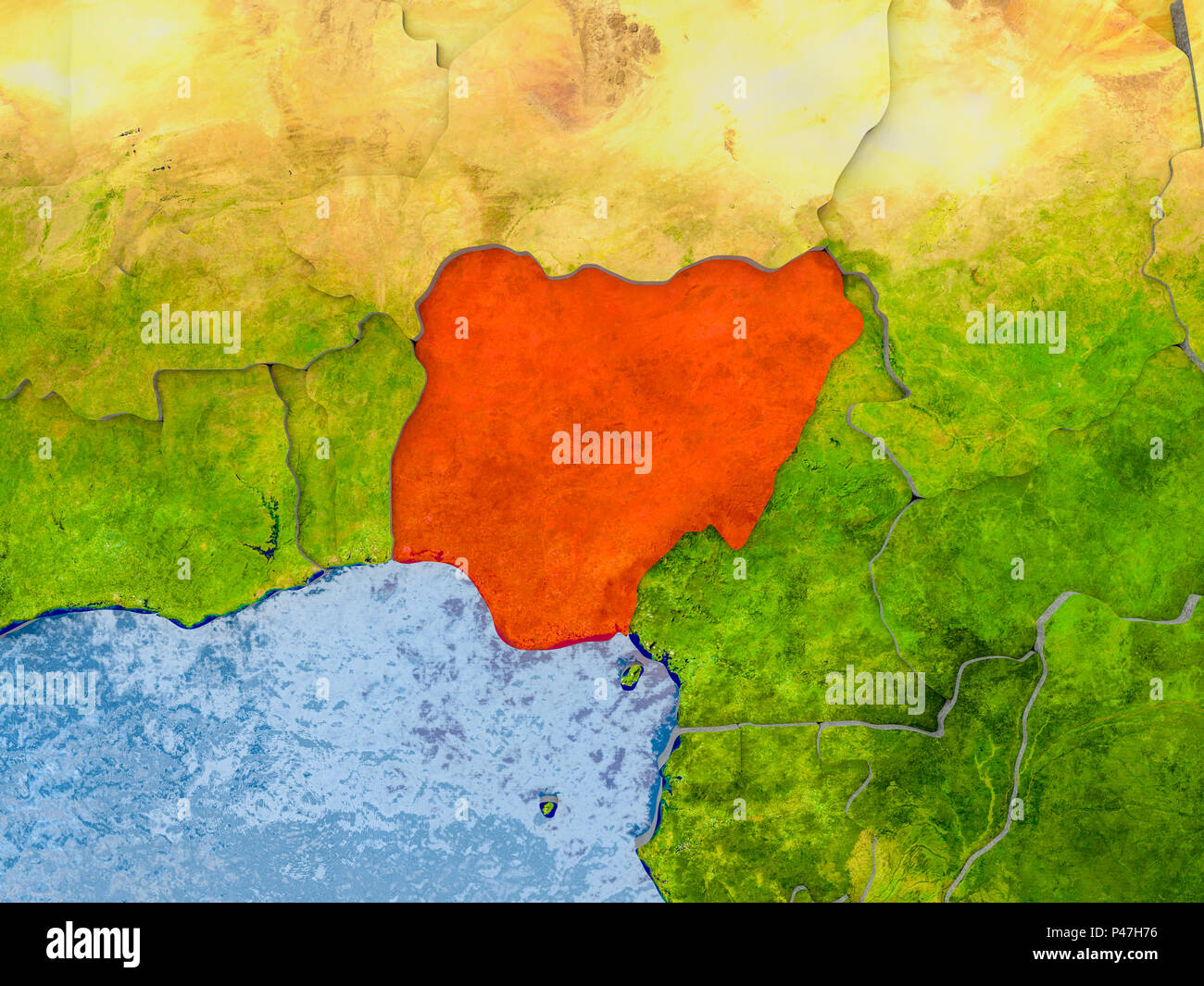 Nigeria in red on realistic map with embossed countries. 3D ...