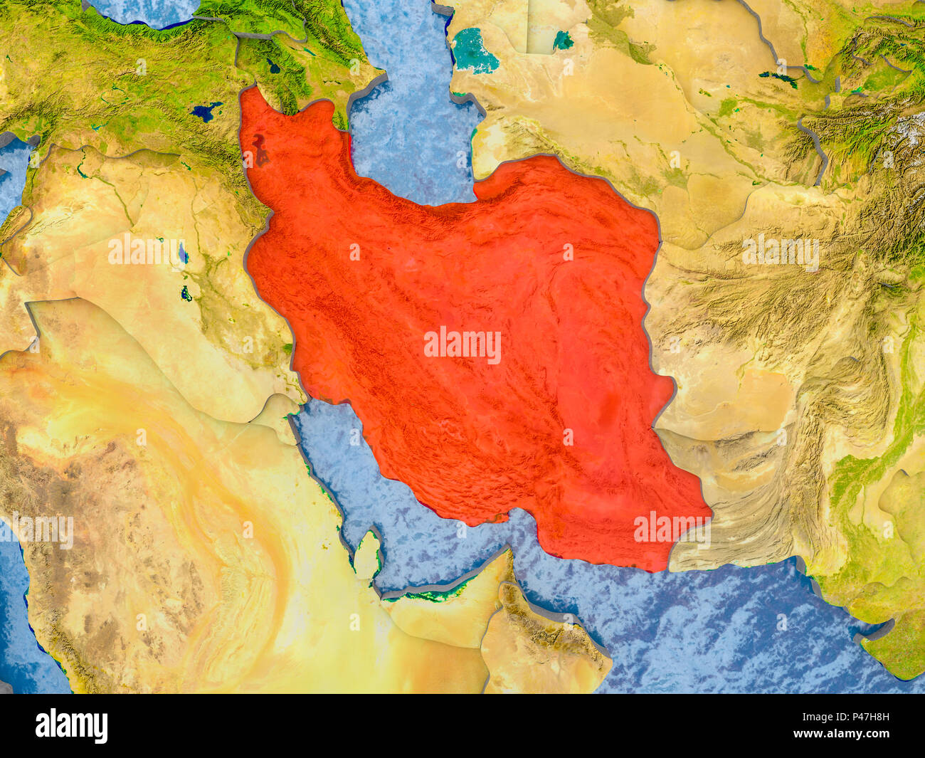 Iran in red on realistic map with embossed countries. 3D illustration ...