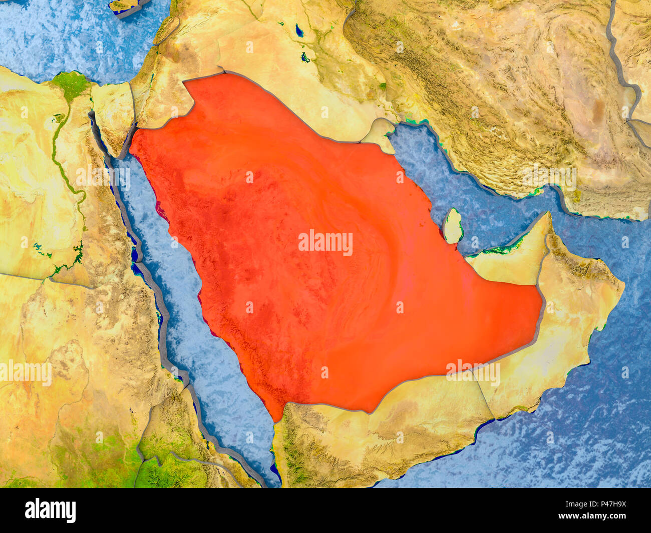 Saudi Arabia in red on realistic map with embossed countries. 3D ...