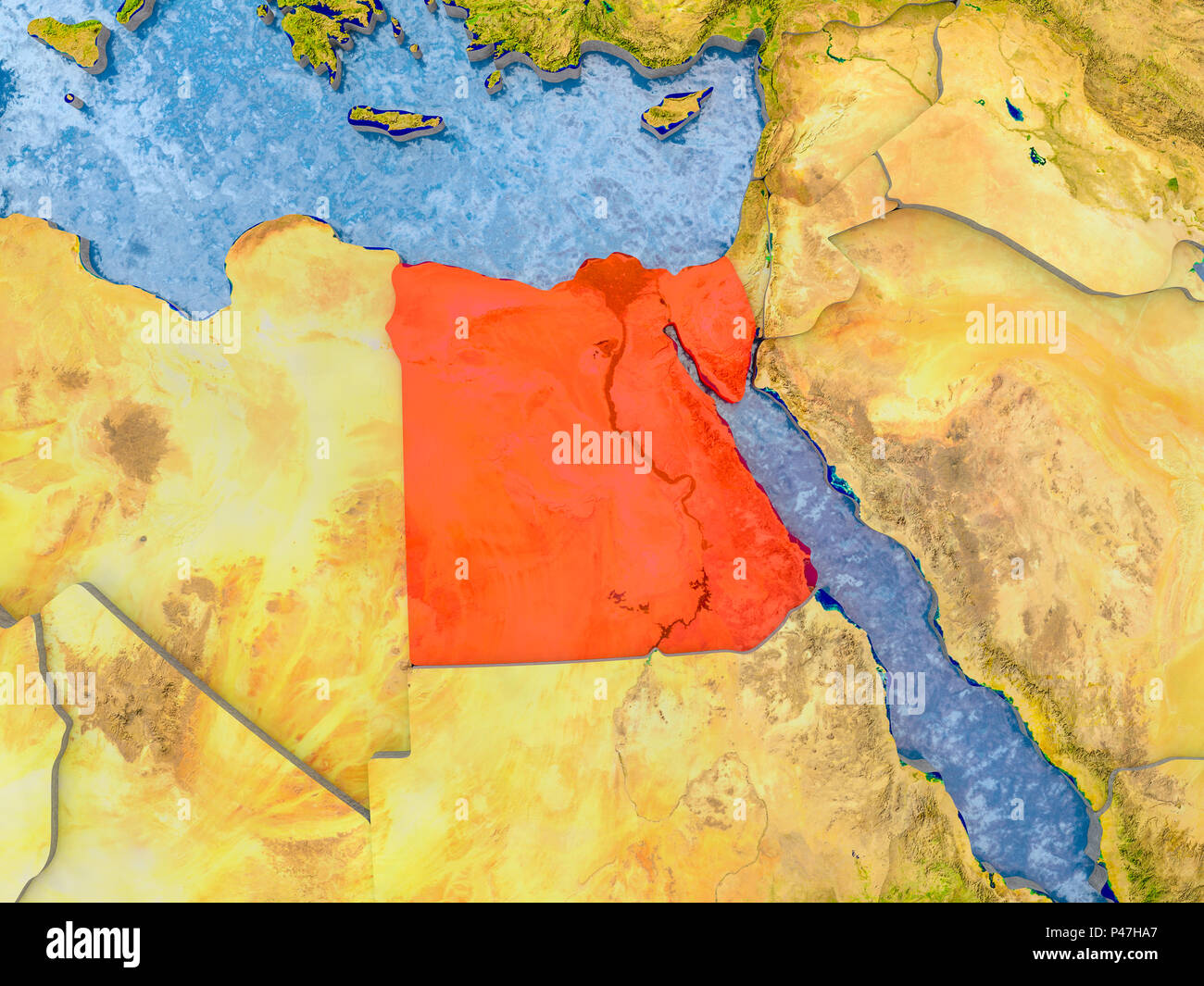 Egypt in red on realistic map with embossed countries. 3D illustration ...