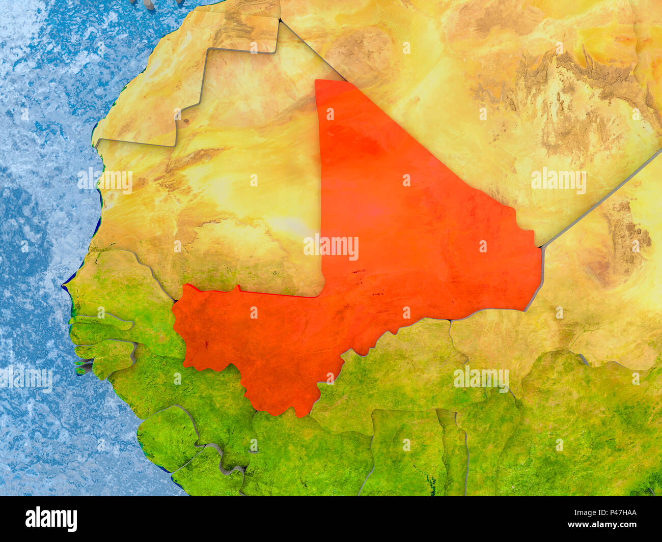 Mali in red on realistic map with embossed countries. 3D illustration ...