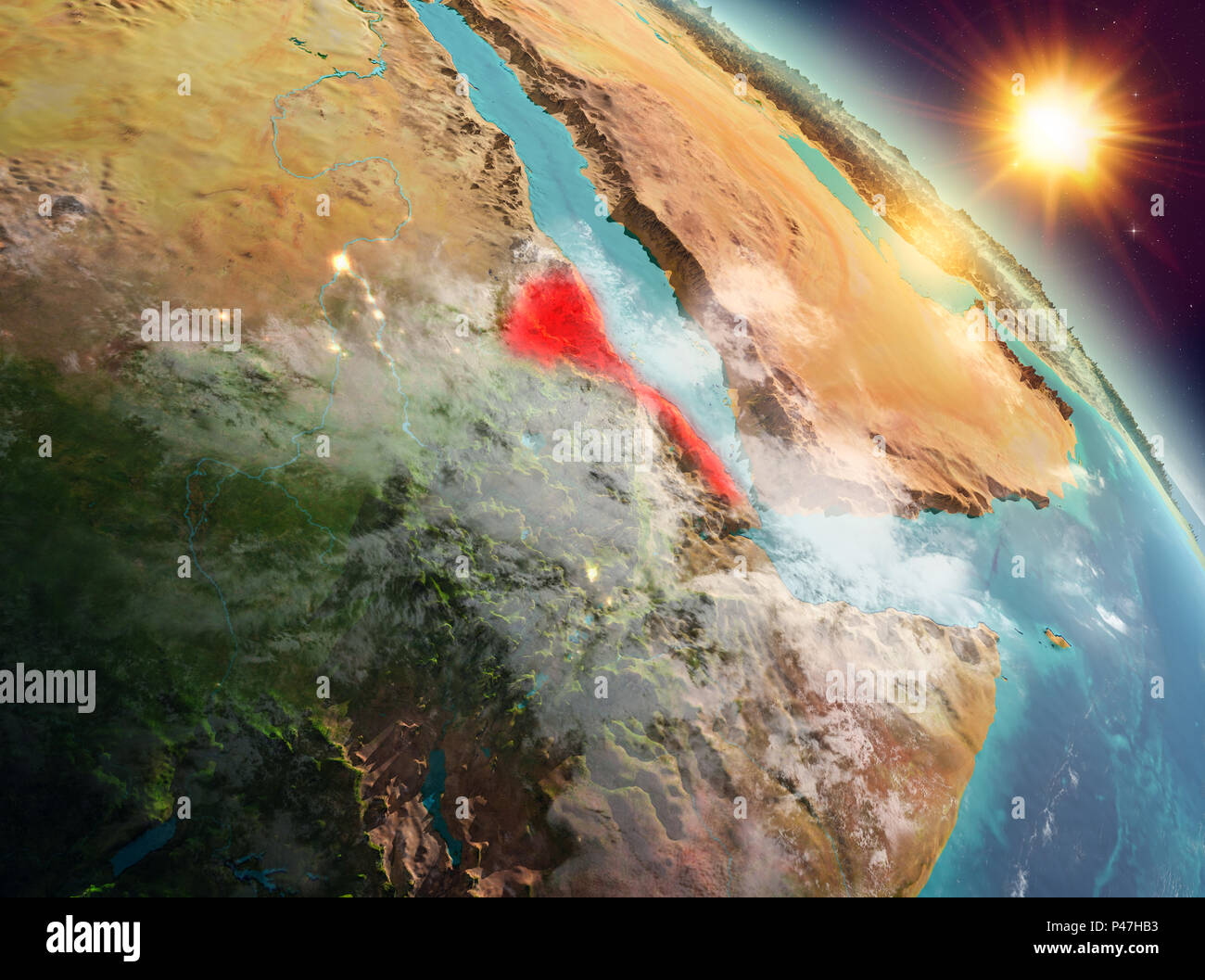 Sunrise above Eritrea highlighted in red on model of planet Earth in space. 3D illustration ...