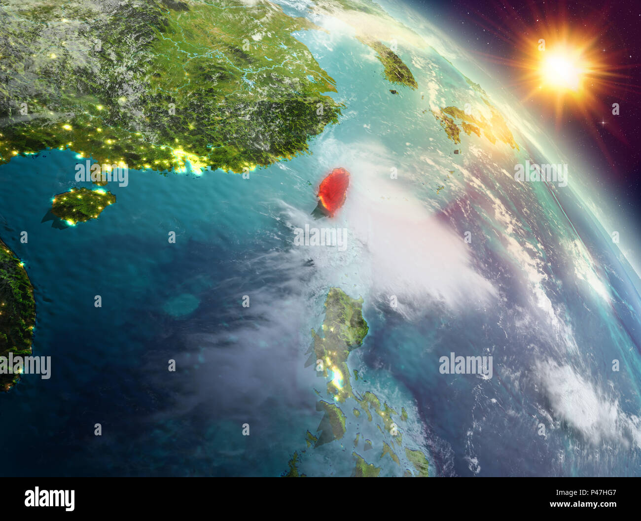 Sunrise above Taiwan highlighted in red on model of planet Earth in ...