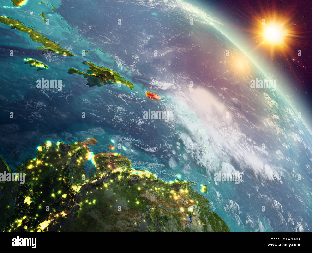 Sunrise above Puerto Rico highlighted in red on model of planet Earth ...
