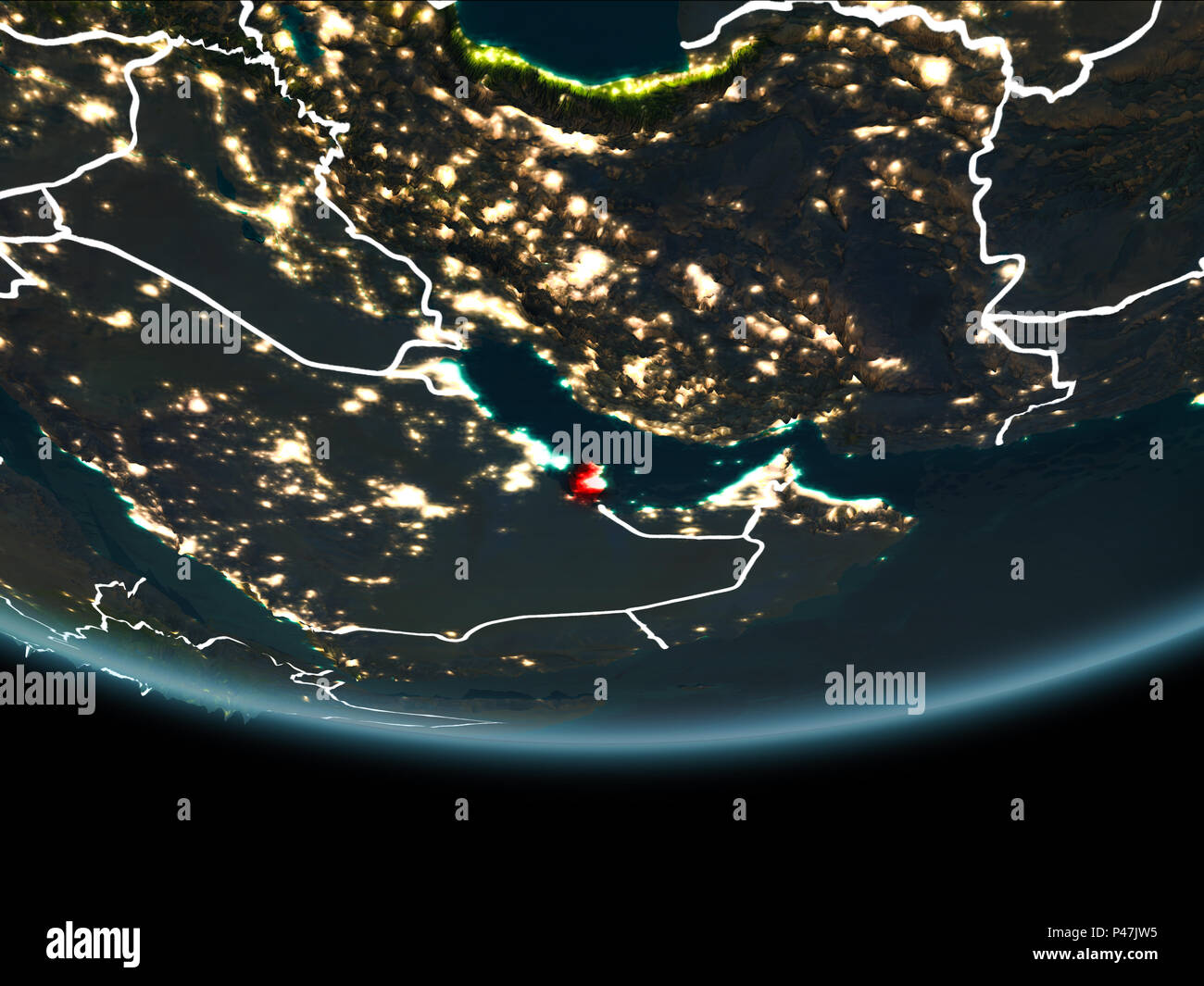 Qatar highlighted in red on planet Earth at night with visible borders ...