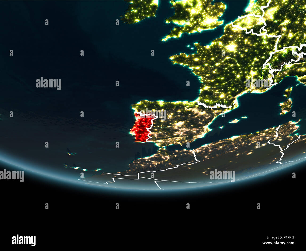 Portugal highlighted in red on planet Earth at night with visible ...