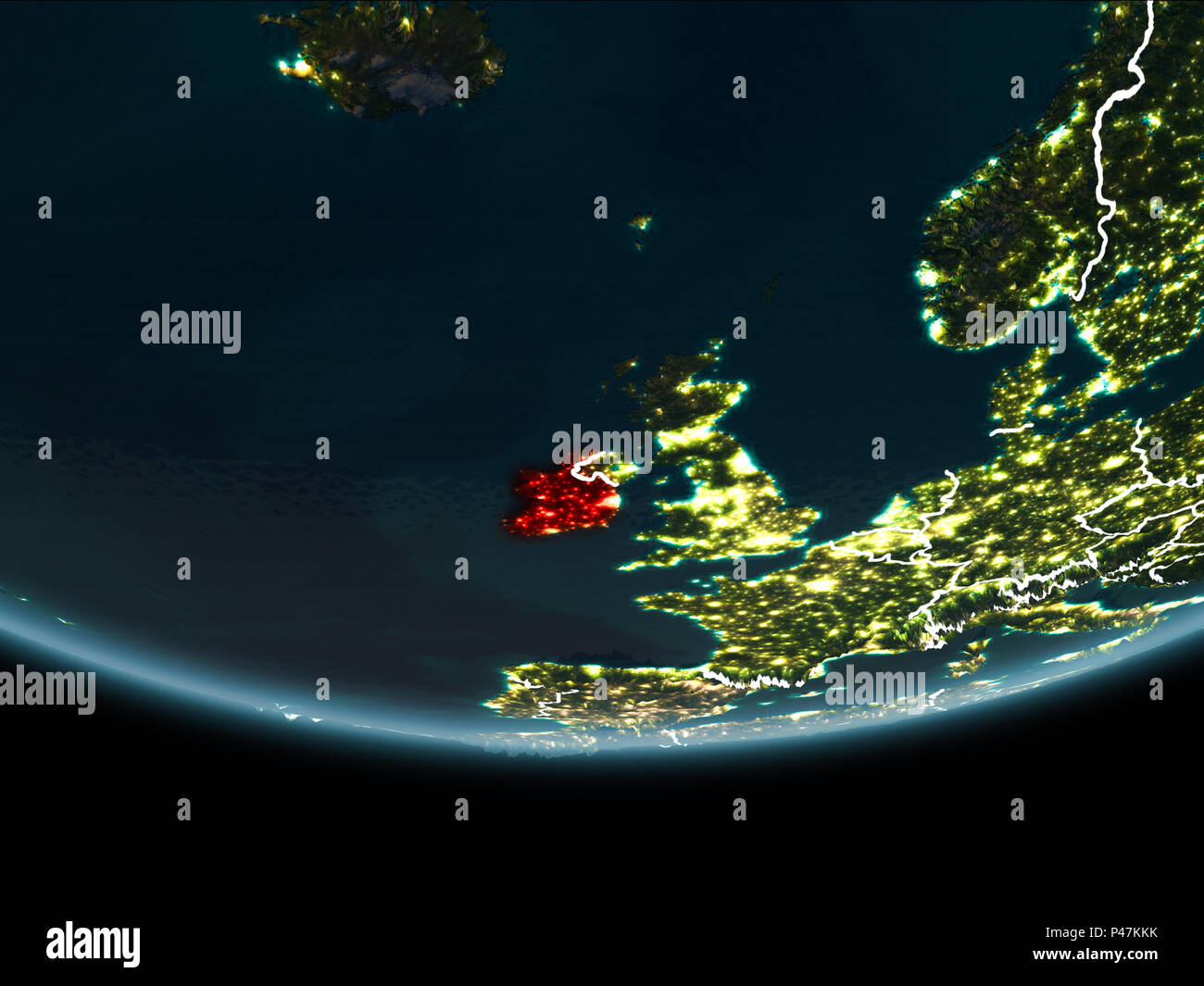 Ireland highlighted in red on planet Earth at night with visible ...
