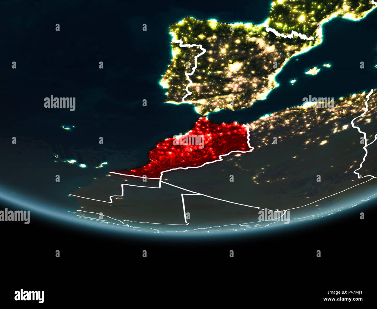 Morocco highlighted in red on planet Earth at night with visible ...