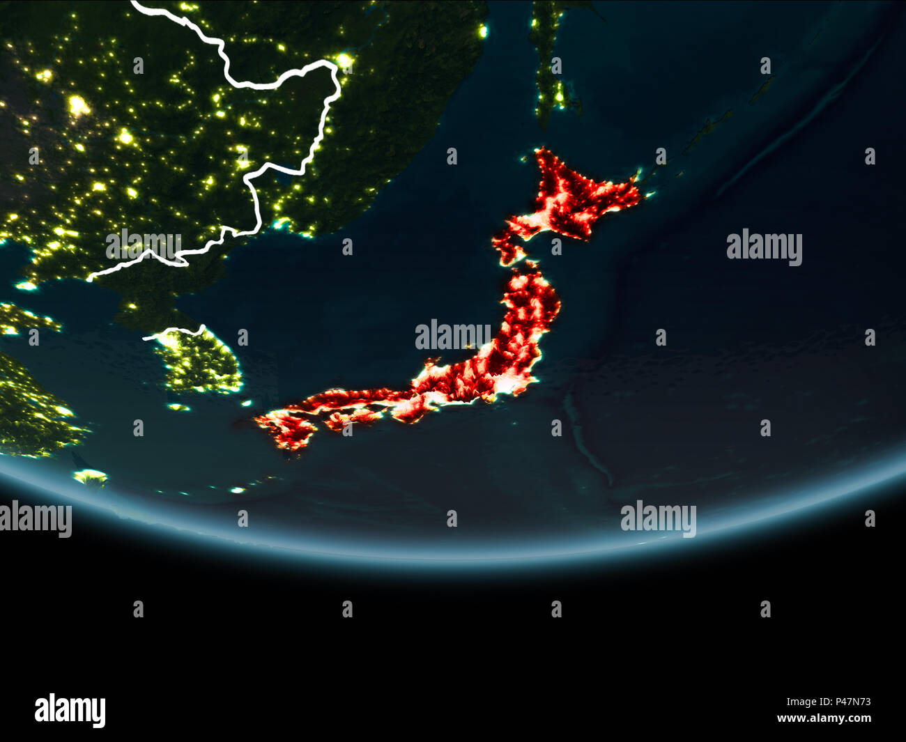 Japan highlighted in red on planet Earth at night with visible borders ...