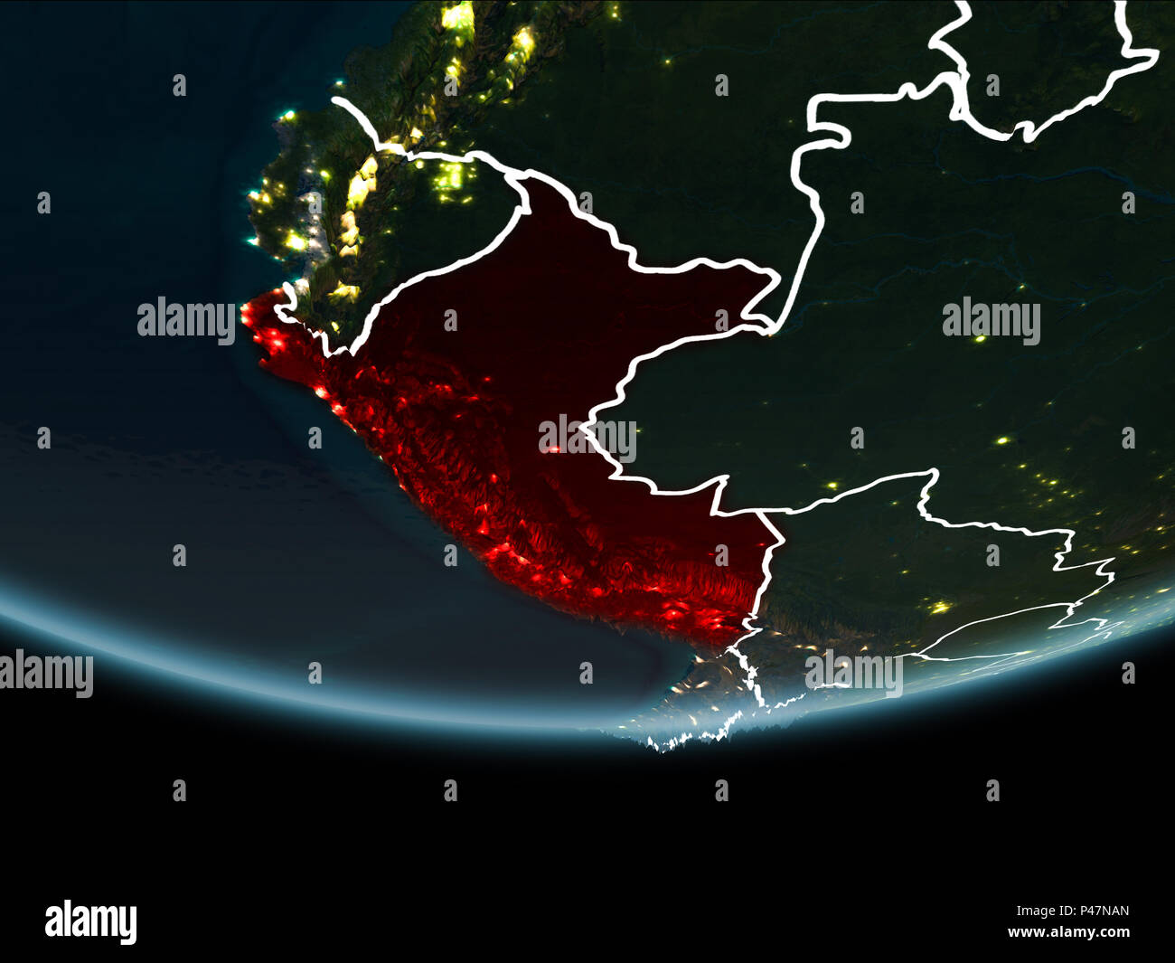 Peru highlighted in red on planet Earth at night with visible borders ...