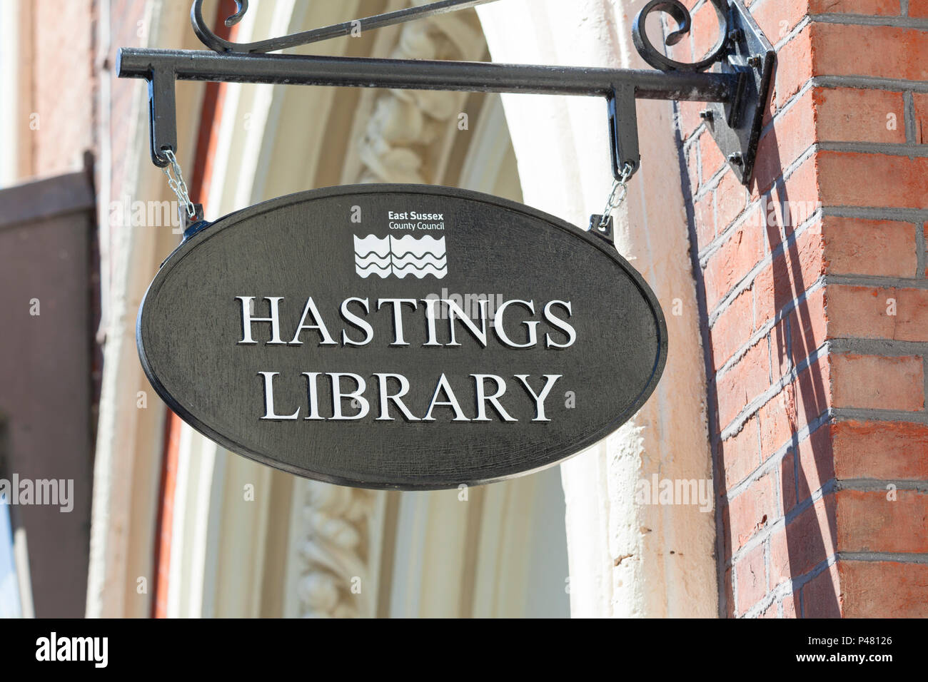 Hastings library sign, east sussex, uk Stock Photo - Alamy