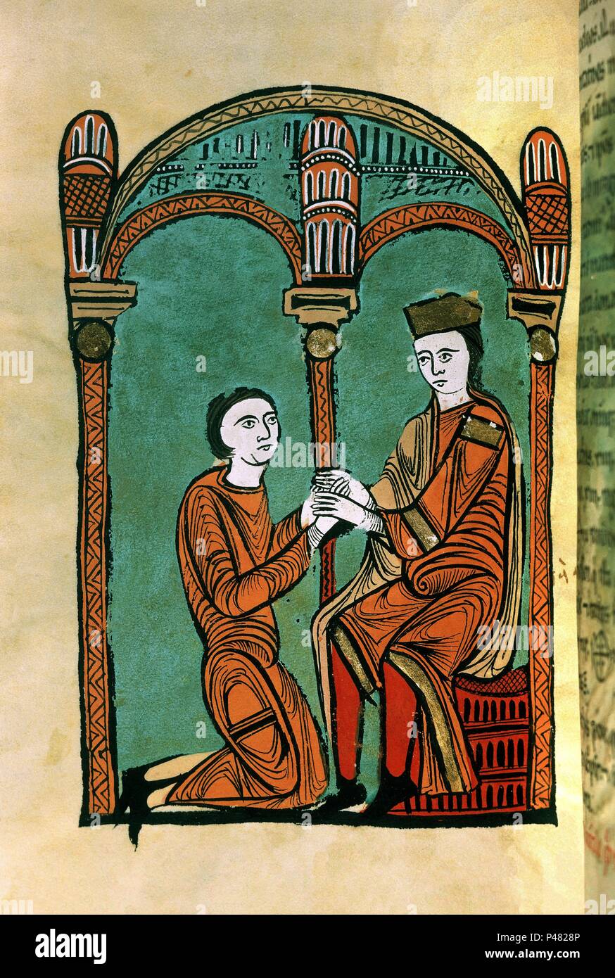 Liber feudorum maior. Folio 44 V. Vassal paying tribute to the Lord ...