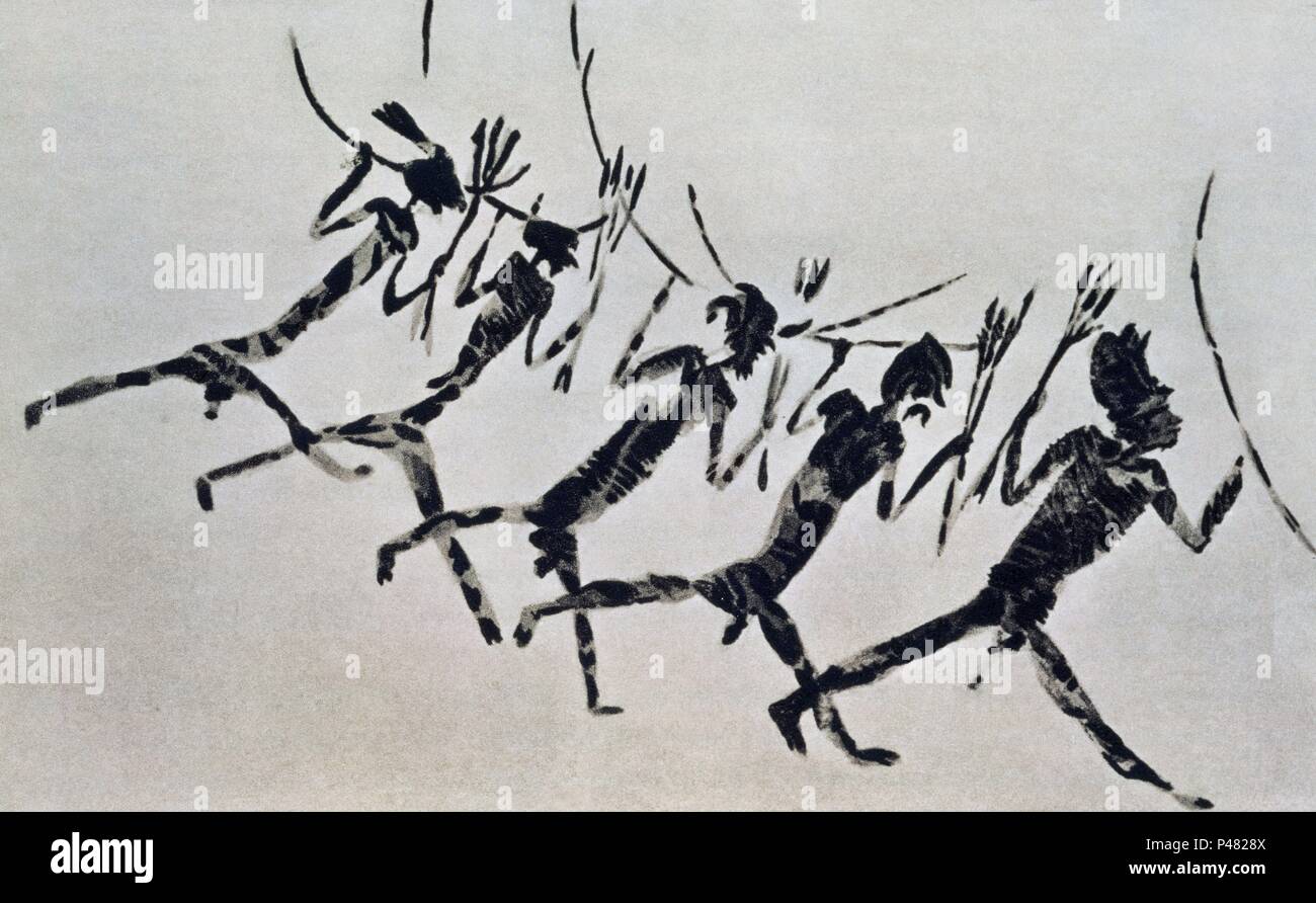 REPRODUCCION DE PINTURA RUPESTRE-DANZA RITUAL-CAZADORES Y JEFE ...