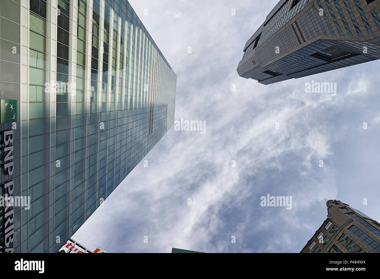 Low angle of modern high rise office towers in the financial banking ...