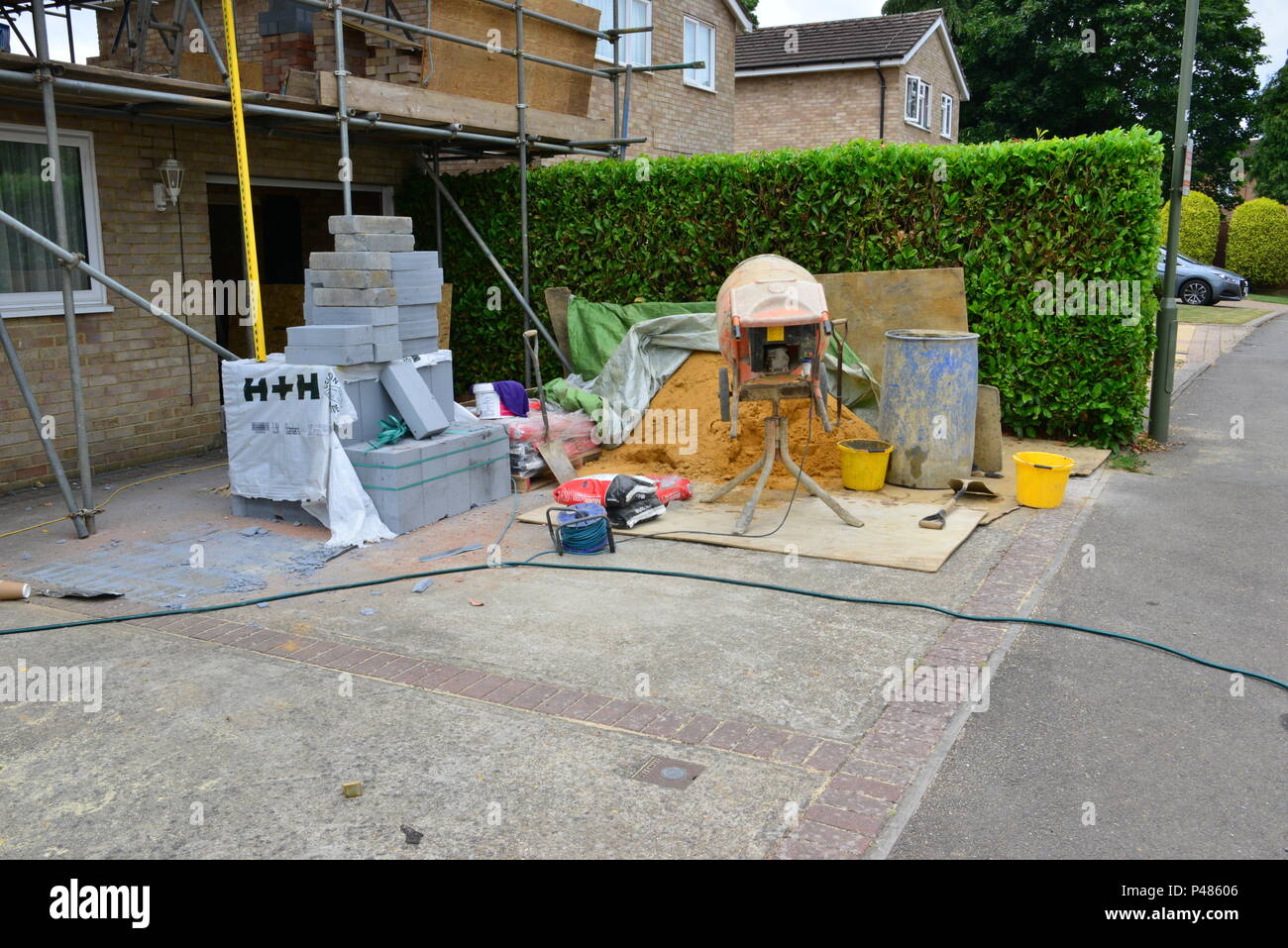 Building materials and tools at a building site in the UK Stock Photo ...