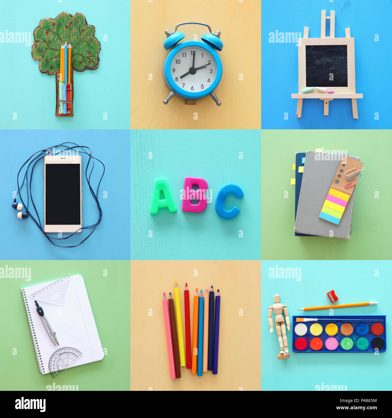 Back to school collage concept. school objects and supply Stock Photo ...